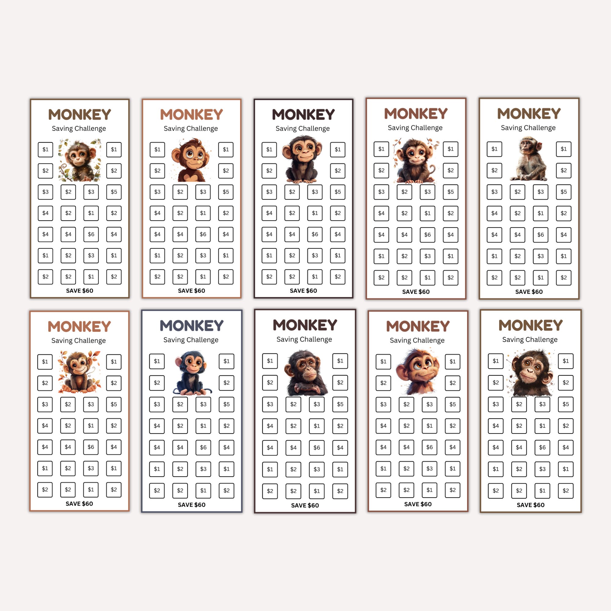 Mini Monkey Saving Challenge Printable, Mini A6 Monkey Animal Savings ...