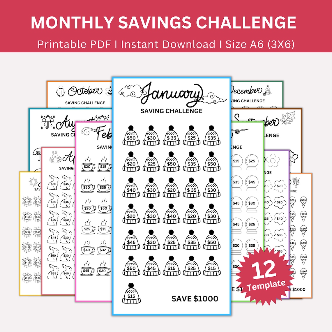 Buy Monthly Savings Challenge Printable & Envelope Cash Tracker, 12 ...