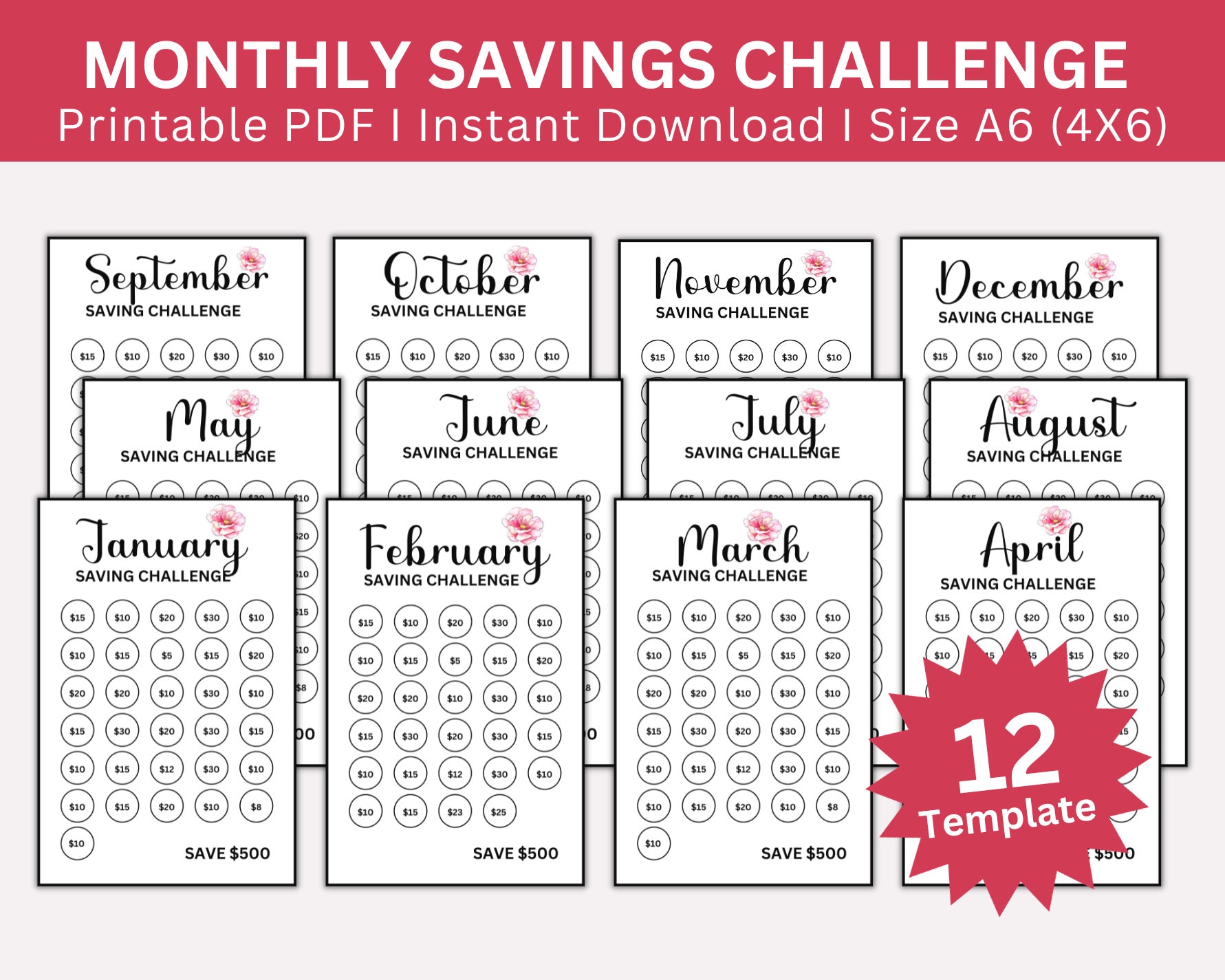 Monthly Savings Challenge Printable & Envelope Cash Tracker - Etsy