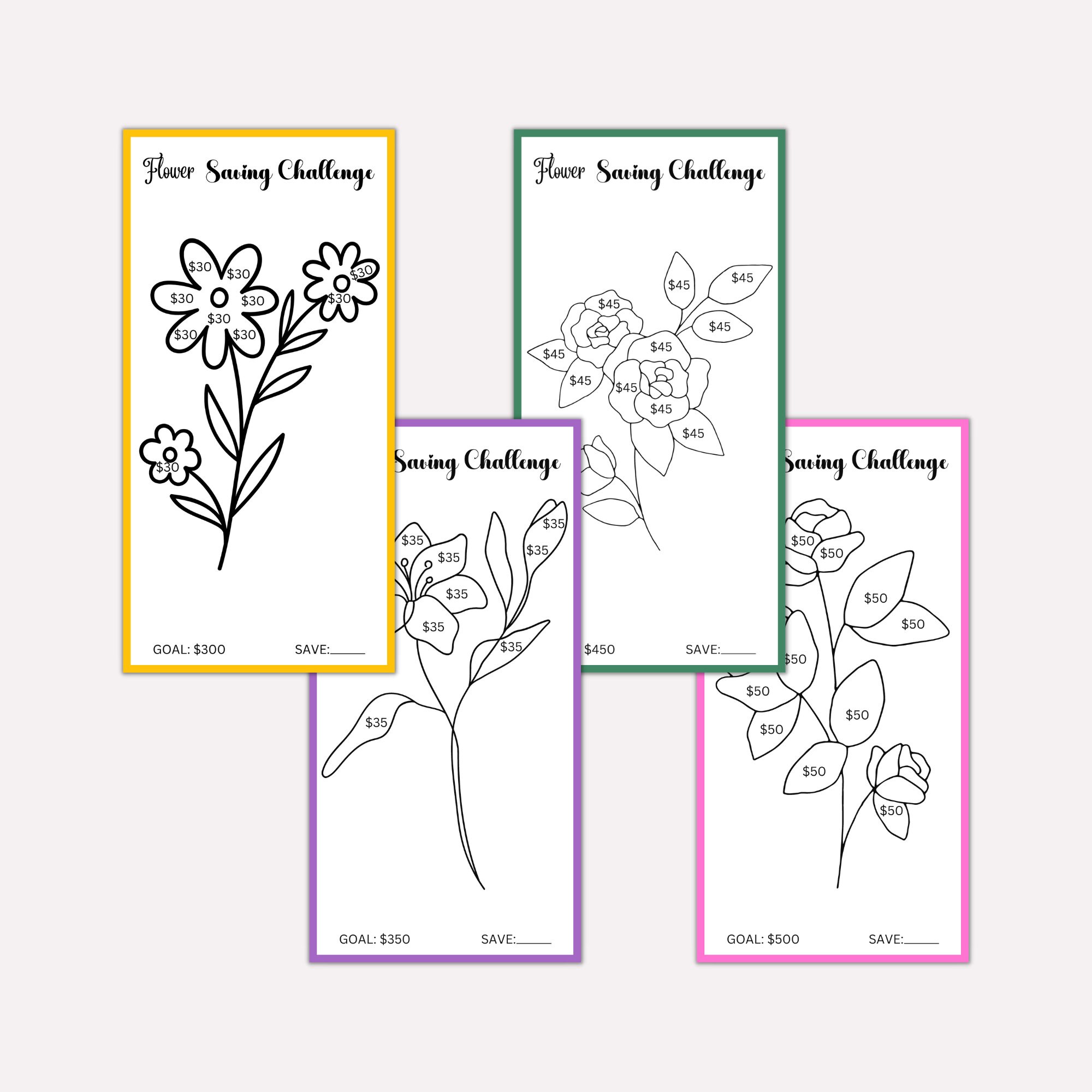 Floral Coloring Savings Challenge Printable Bundle, Flower A6 Saving ...