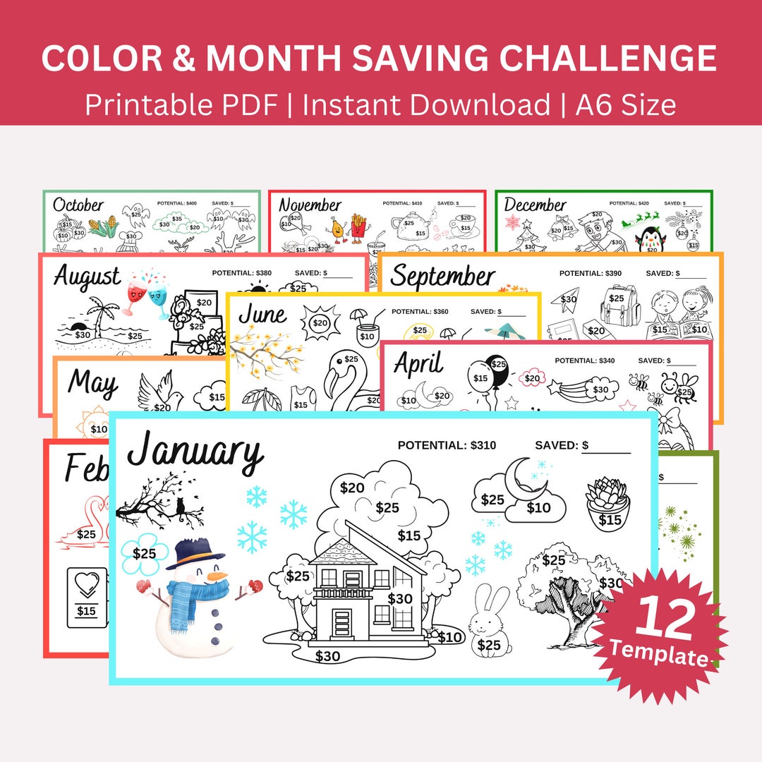 A6 Savings Challenge Bundle: 12-month Color Tracker (digital Download ...