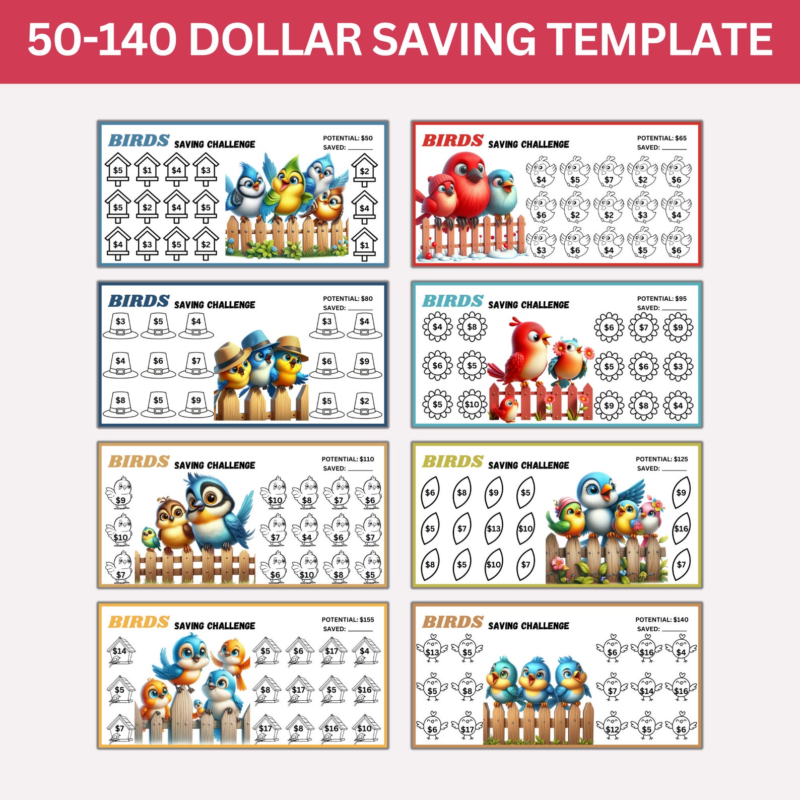 Buy Parrots Saving Challenge Printable Bundle, Mini A6 Low Income Birds ...