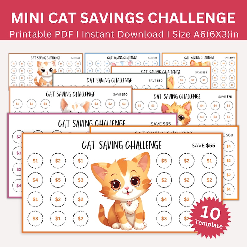 Cats Saving Challenge Printable, Mini Cat A6 Size Saving Challenge, Pow ...