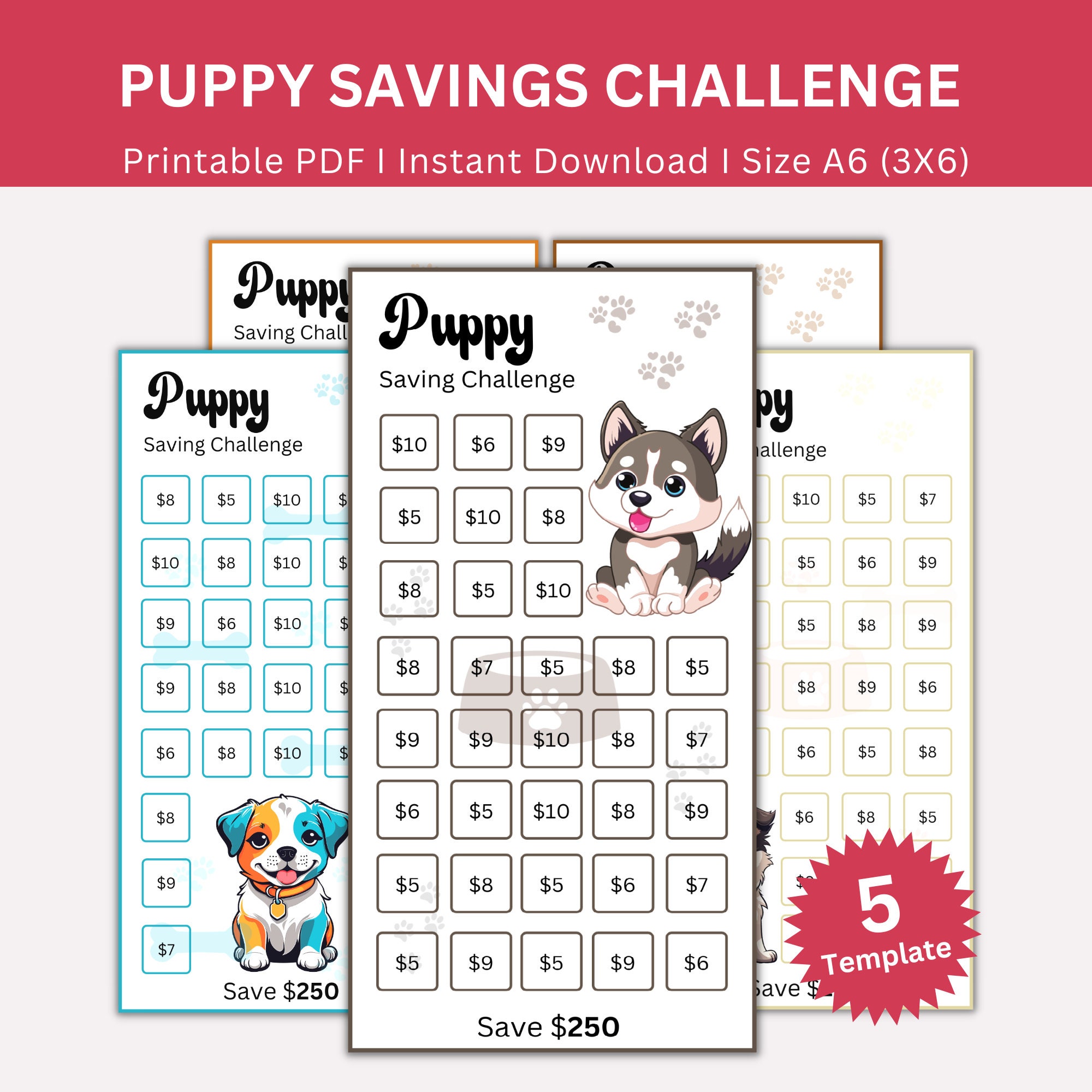Puppy Saving Challenge Printable, Mini Puppy A6 Size Saving Challenge, Pow Saving Challenge ...