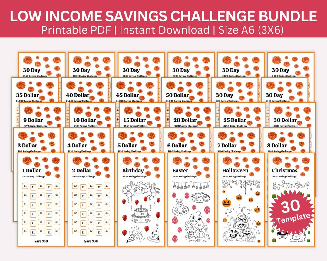 Low Income Savings Challenge Printable Bundle, Mini A6 Saving ...