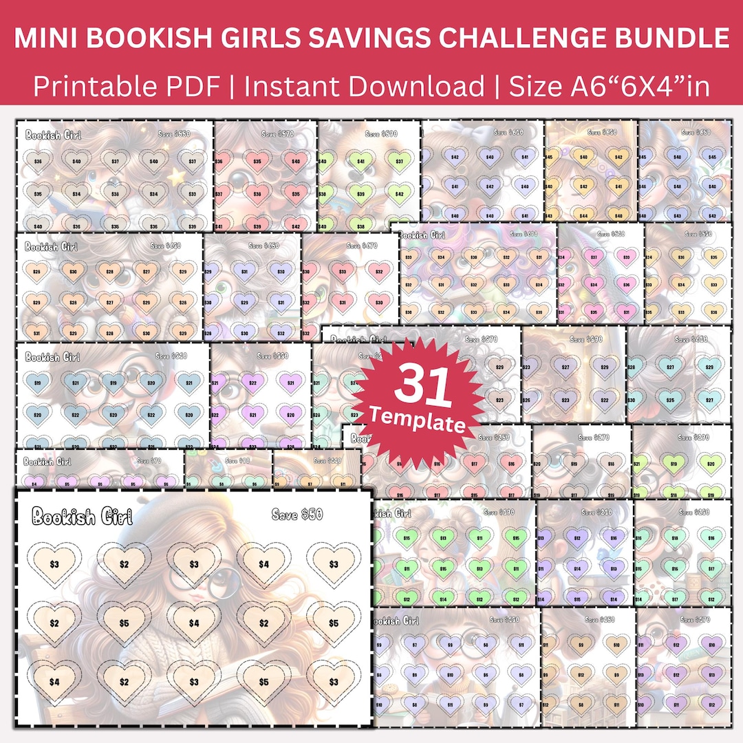 Bookish Savings Challenge Printable Bundle, Book Lover Money Saving ...