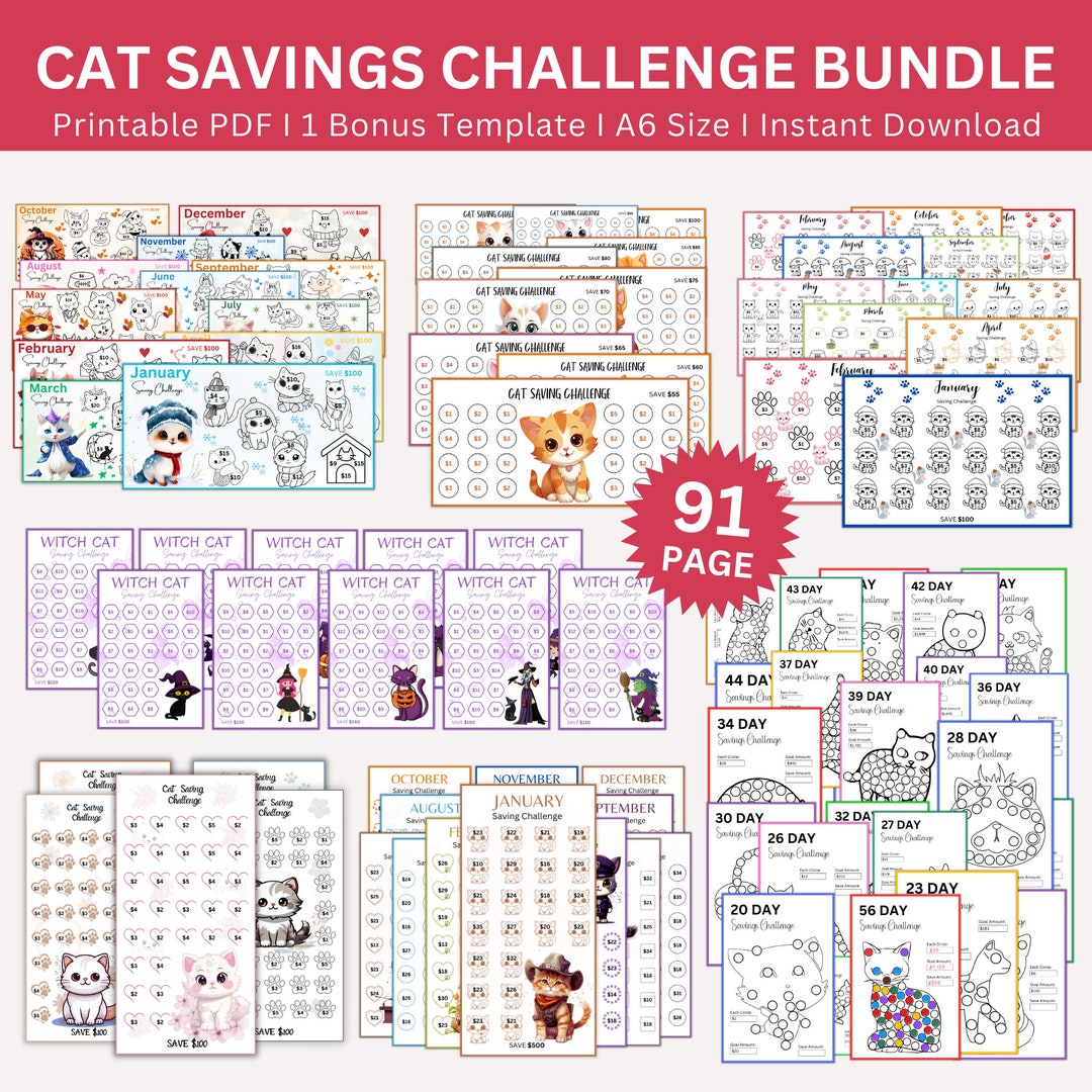 Cats Savings Challenge Printable Mega Bundle, Mini Cat A6 Size Saving ...