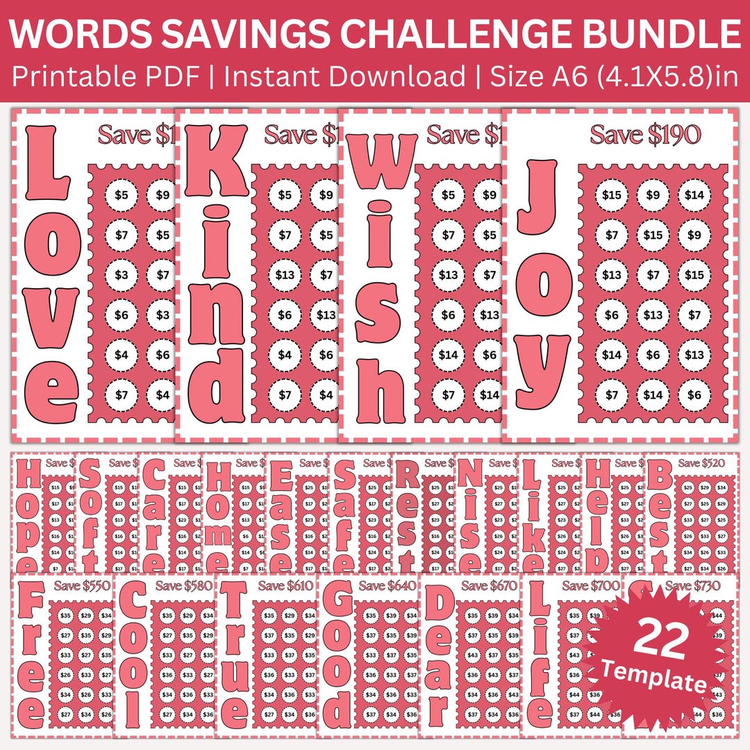 Words Savings Challenge Bundle, A6 Saving Tracker PDF, Motivational ...