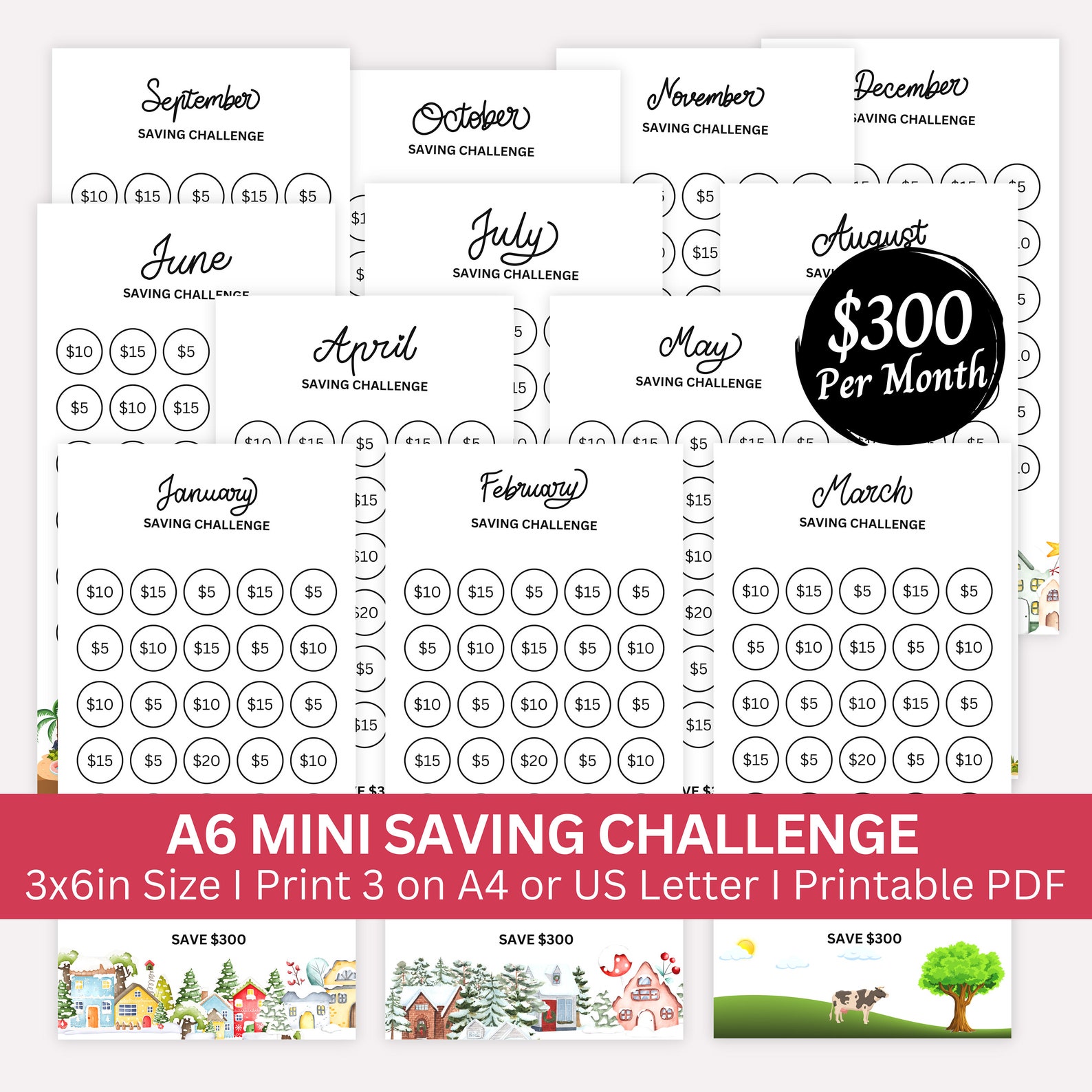 Monthly Savings Challenge Printable Bundle, 12 Month Saving Challenges ...