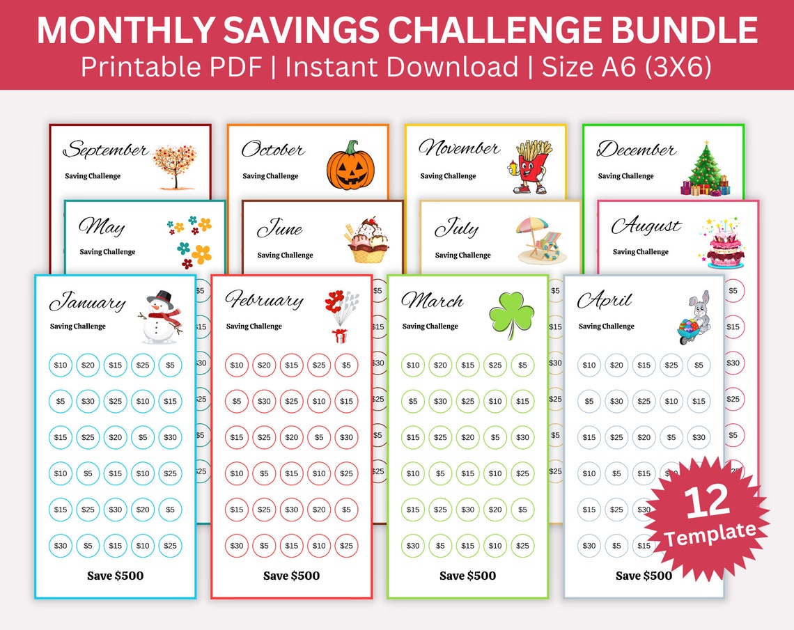Monthly Savings Challenge Printable, 12 Month Saving Tracker Bundle ...