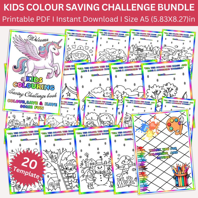 Kids Colouring Saving Challenge Book, 20 Printable PDF Pages, Fun Money ...