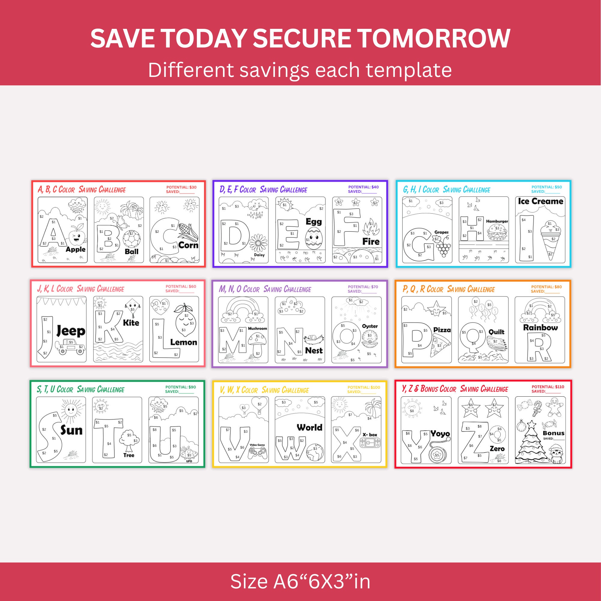 Kids Alphabet Savings Challenge Printable, Saving Challenges Bundle, A6 ...