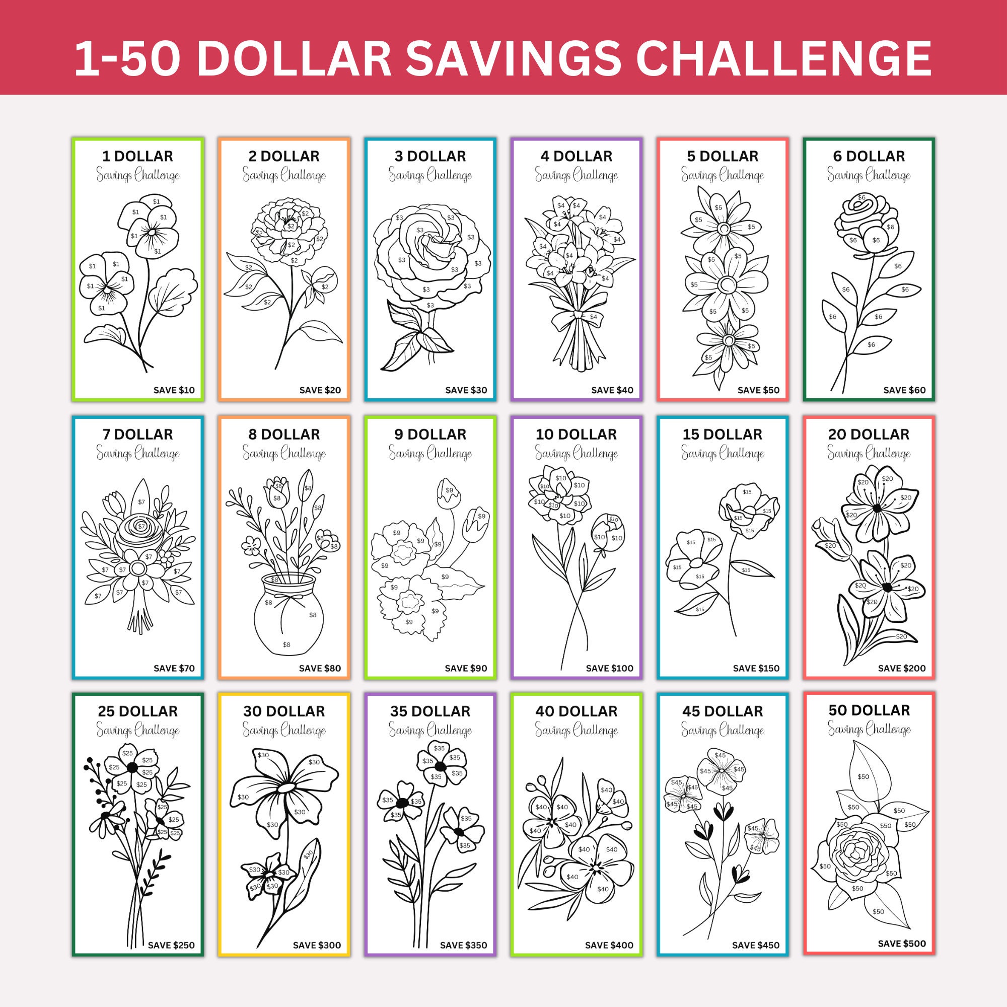 Ultimate Floral Coloring Savings Challenge Printable Bundle 40 Set, A6 ...