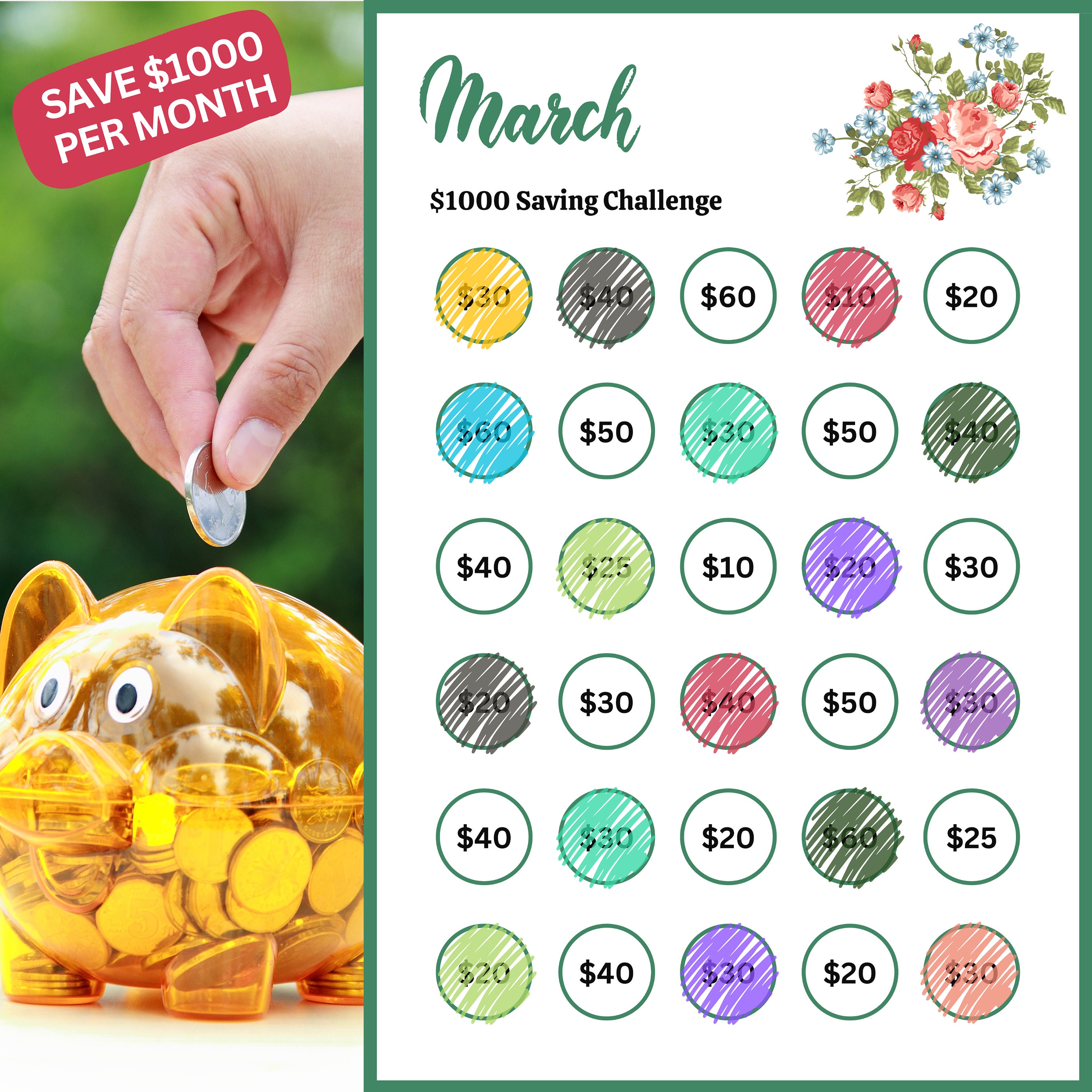 Monthly Savings Challenge Printable, 12 Month Color Saving Tracker ...