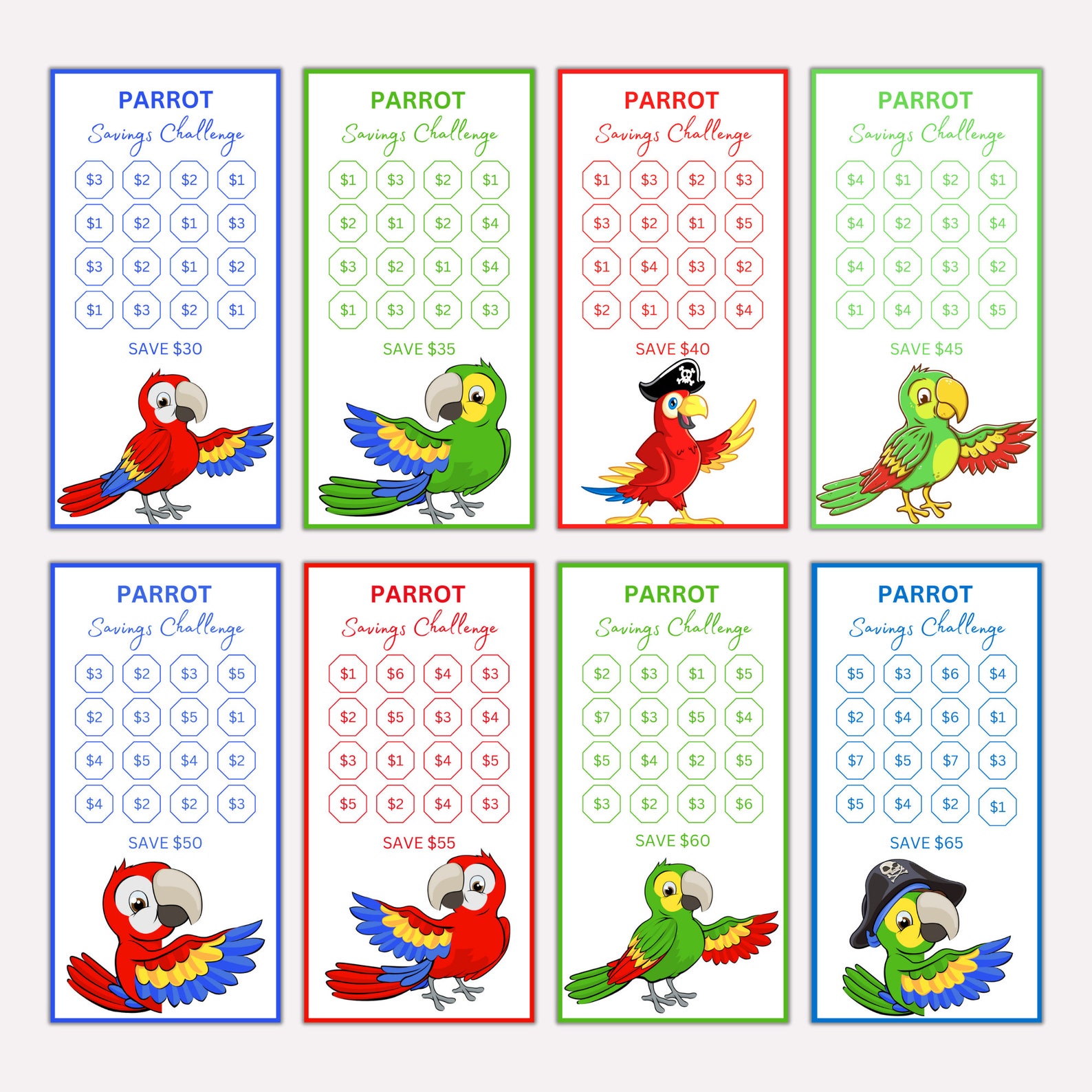 Parrots Savings Challenge Printable Bundle, Mini A6 Parrot Lovers ...