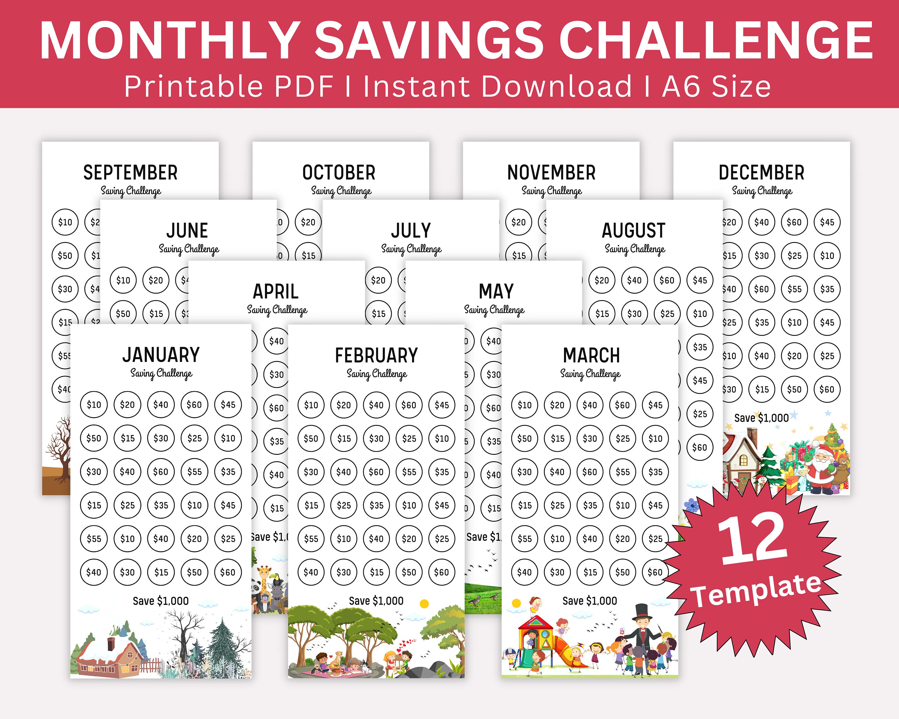 1k IN A Month Saving Challenge Printable, 12 Month Savings Challenge ...