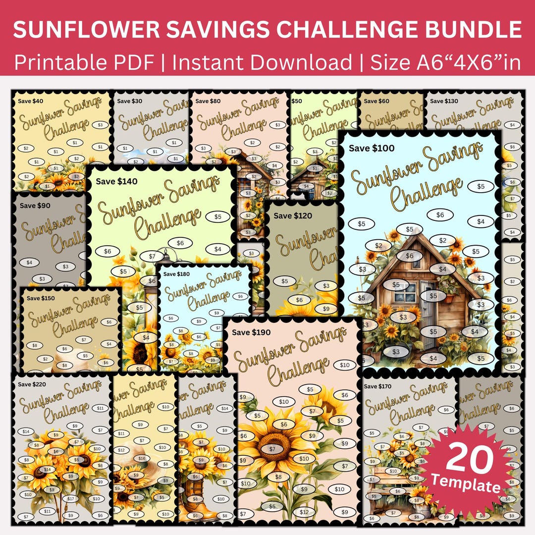 Sunflower Savings Challenge Printable Bundle, A6 Sunflower Saving Cash ...