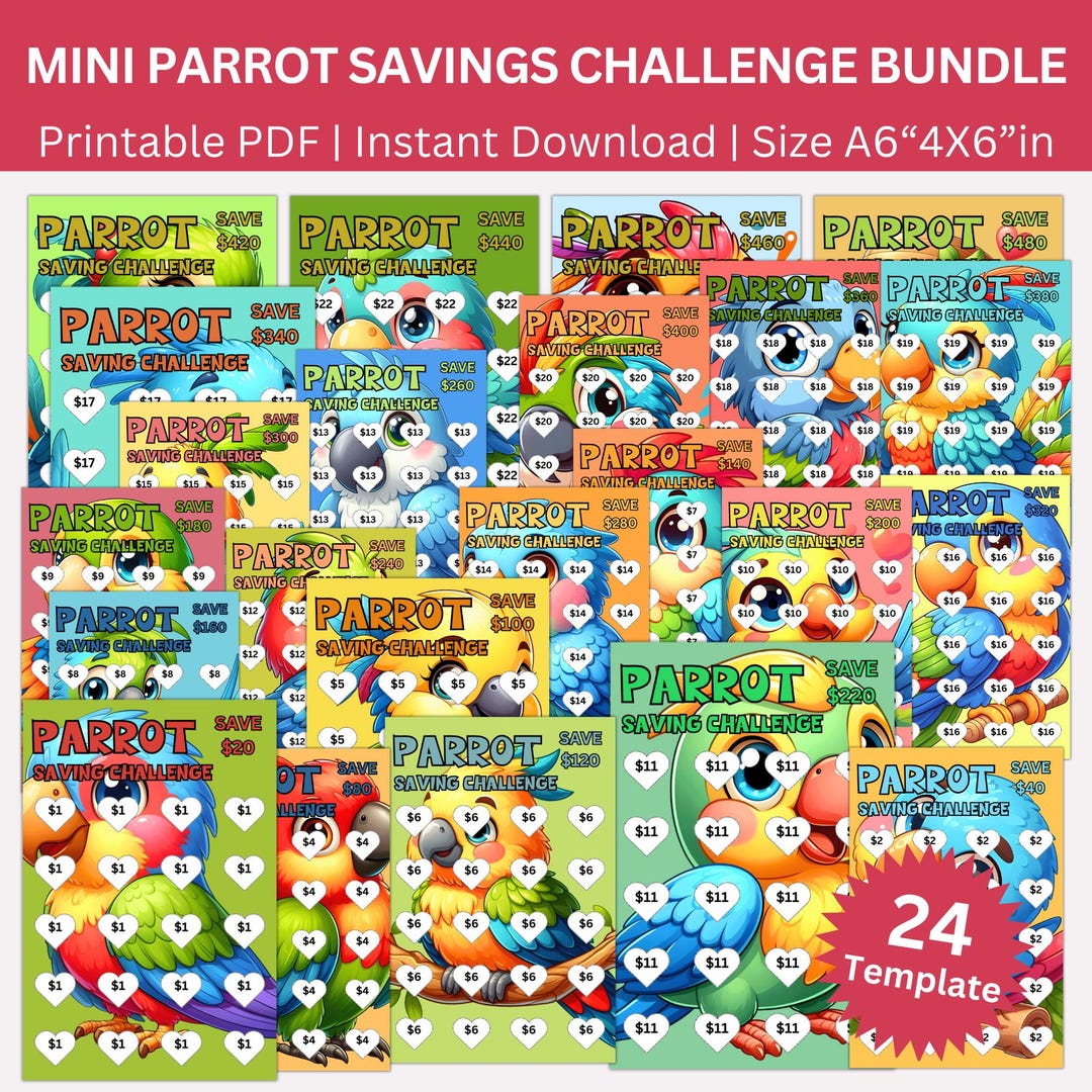 Mini Parrots Savings Challenge Printable Bundle, Mini A6 Low-income ...