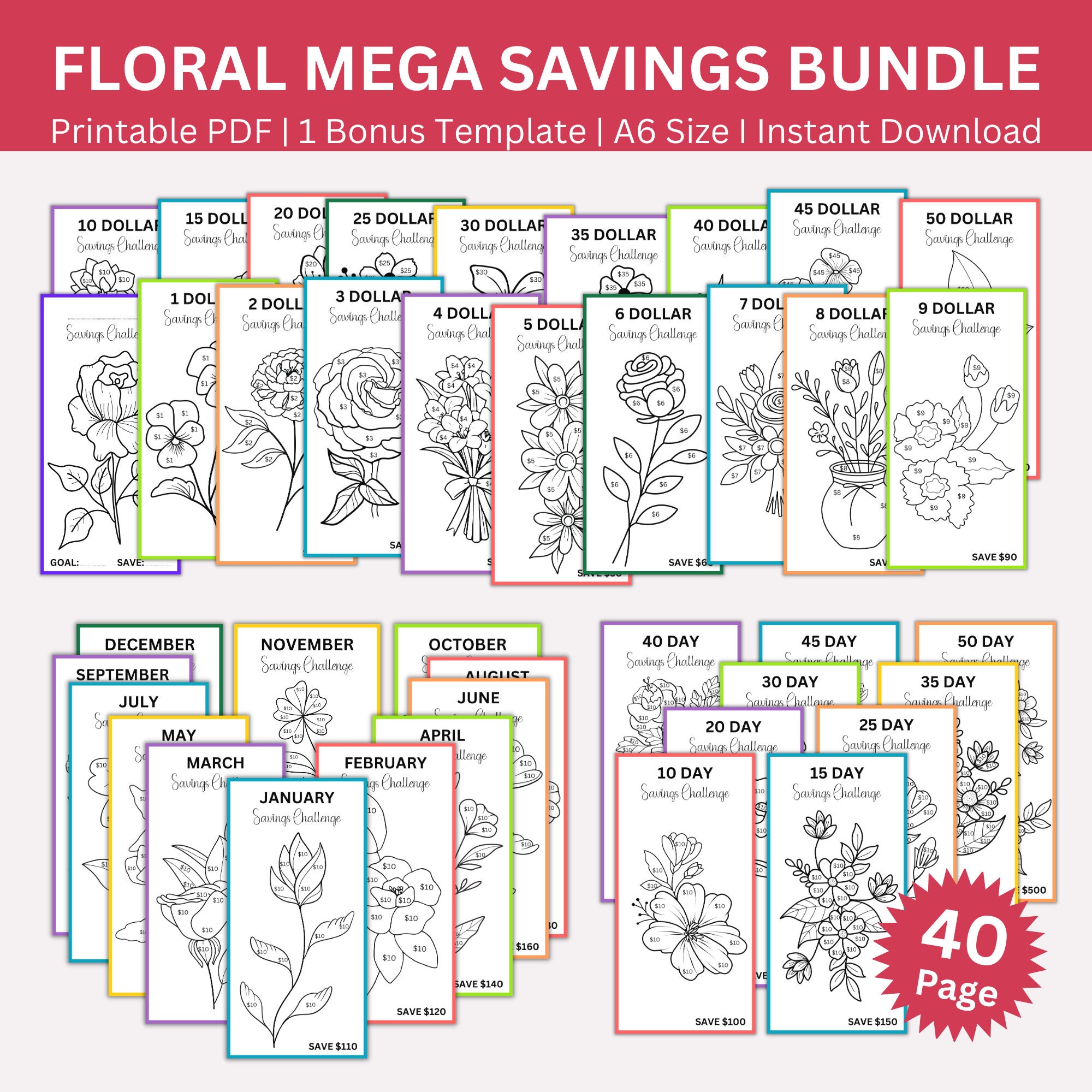 Ultimate Floral Coloring Savings Challenge Printable Bundle 40 Set, A6 ...