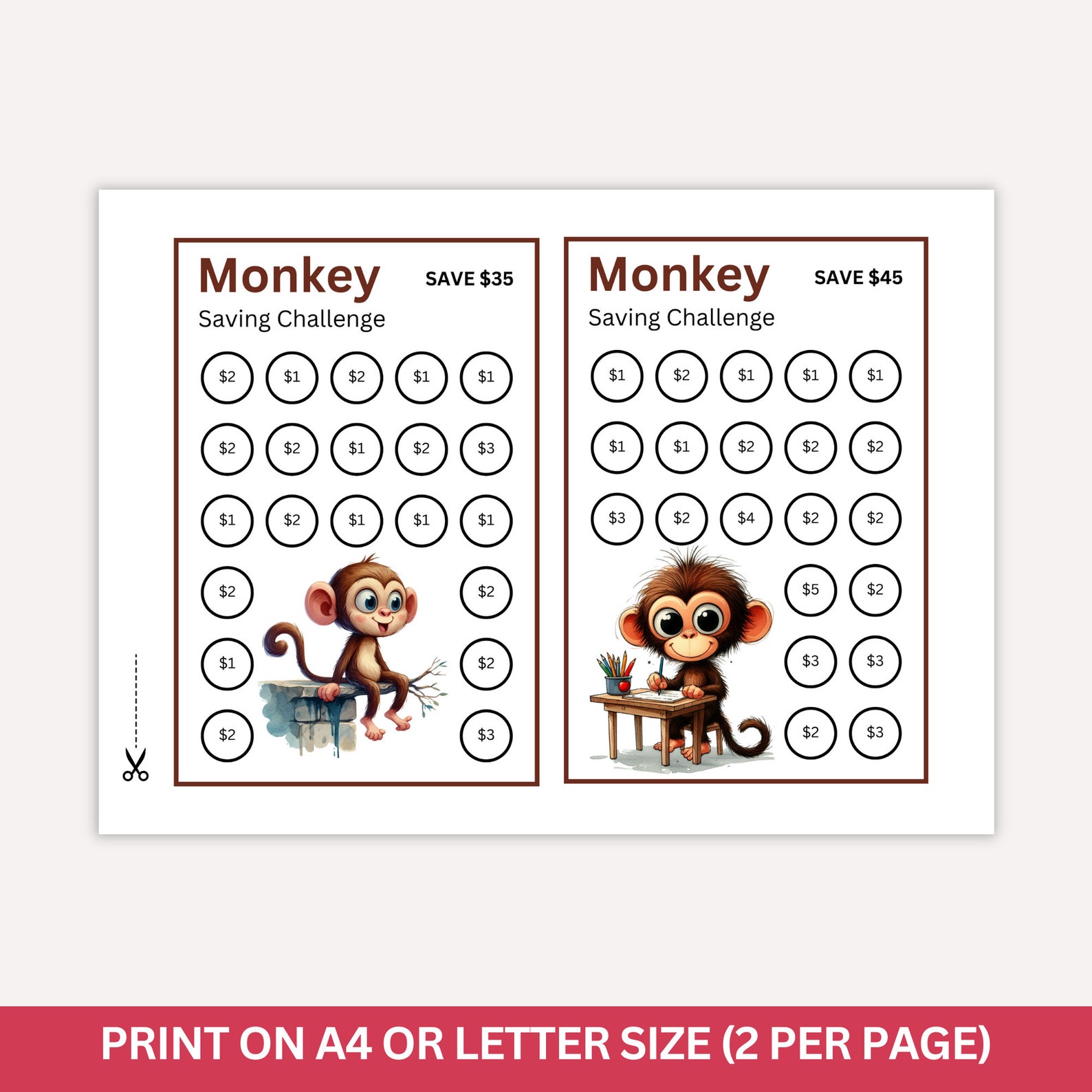 Buy Monkey Savings Challenge Printable, Mini A6 Monkey Animal Saving ...