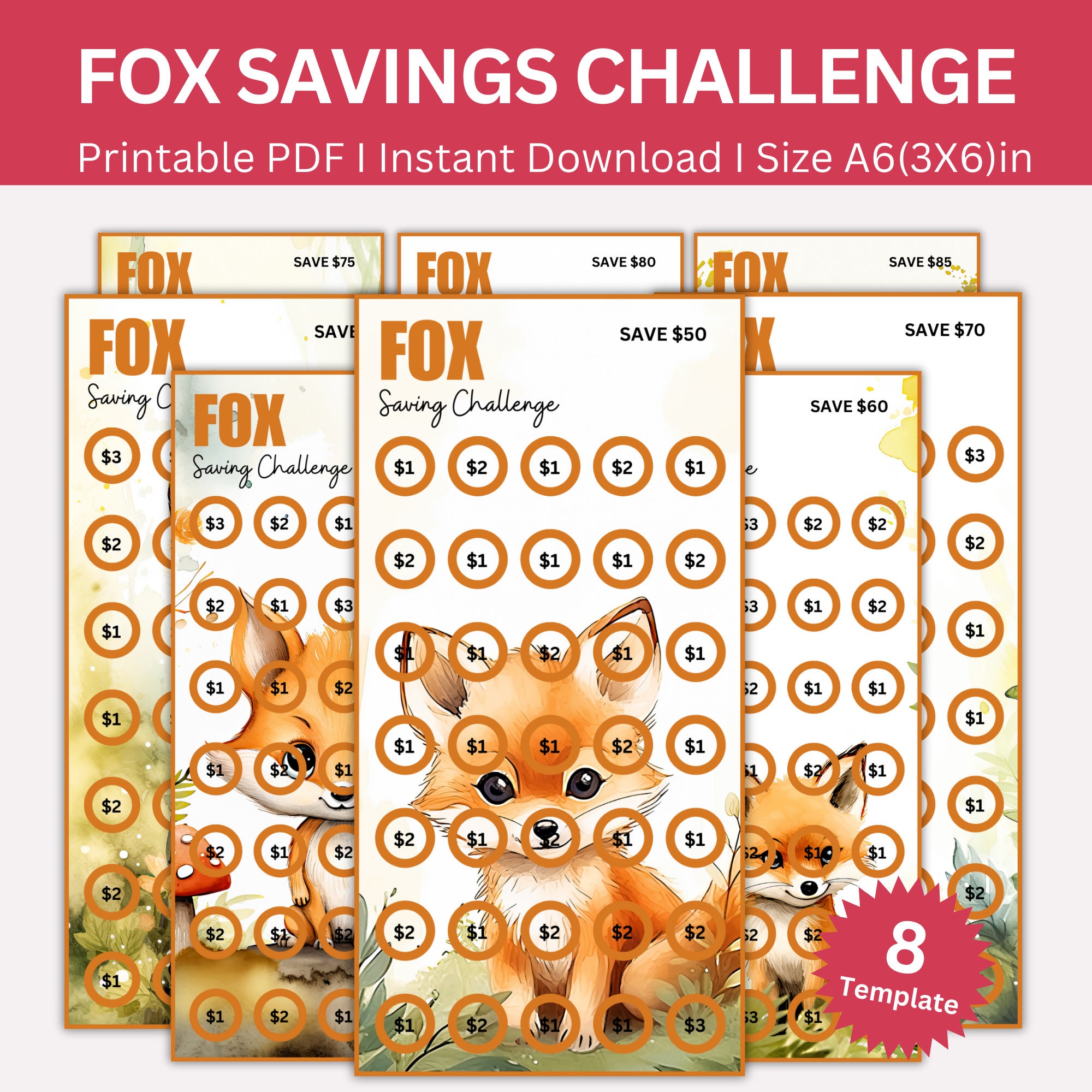 Fox Savings Challenge Printable, Mini A6 Fox Saving Challenges, Fox ...