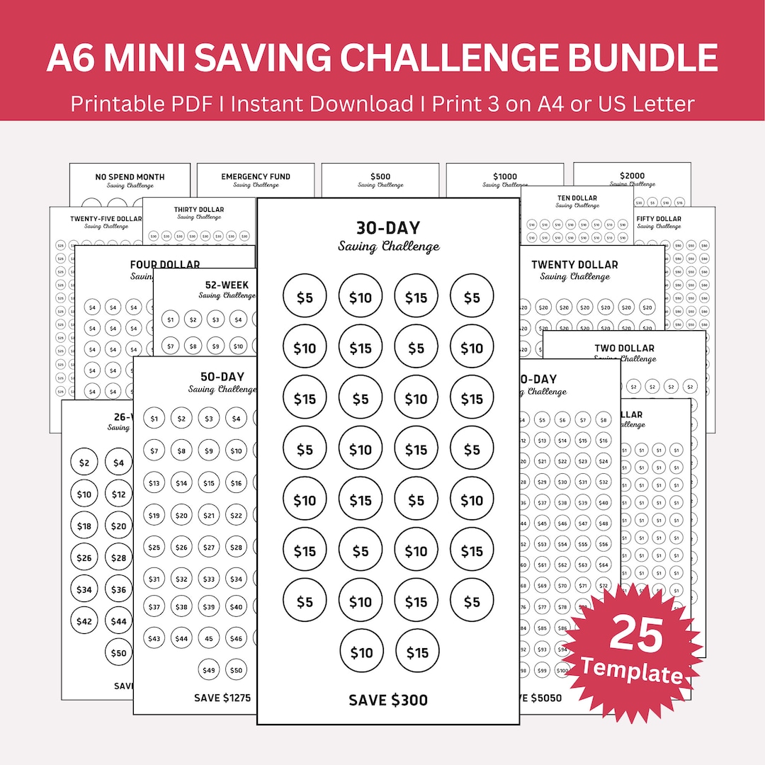 Mini Savings Challenge Printable Bundle, Money Saving Tracker, A6 Sized ...