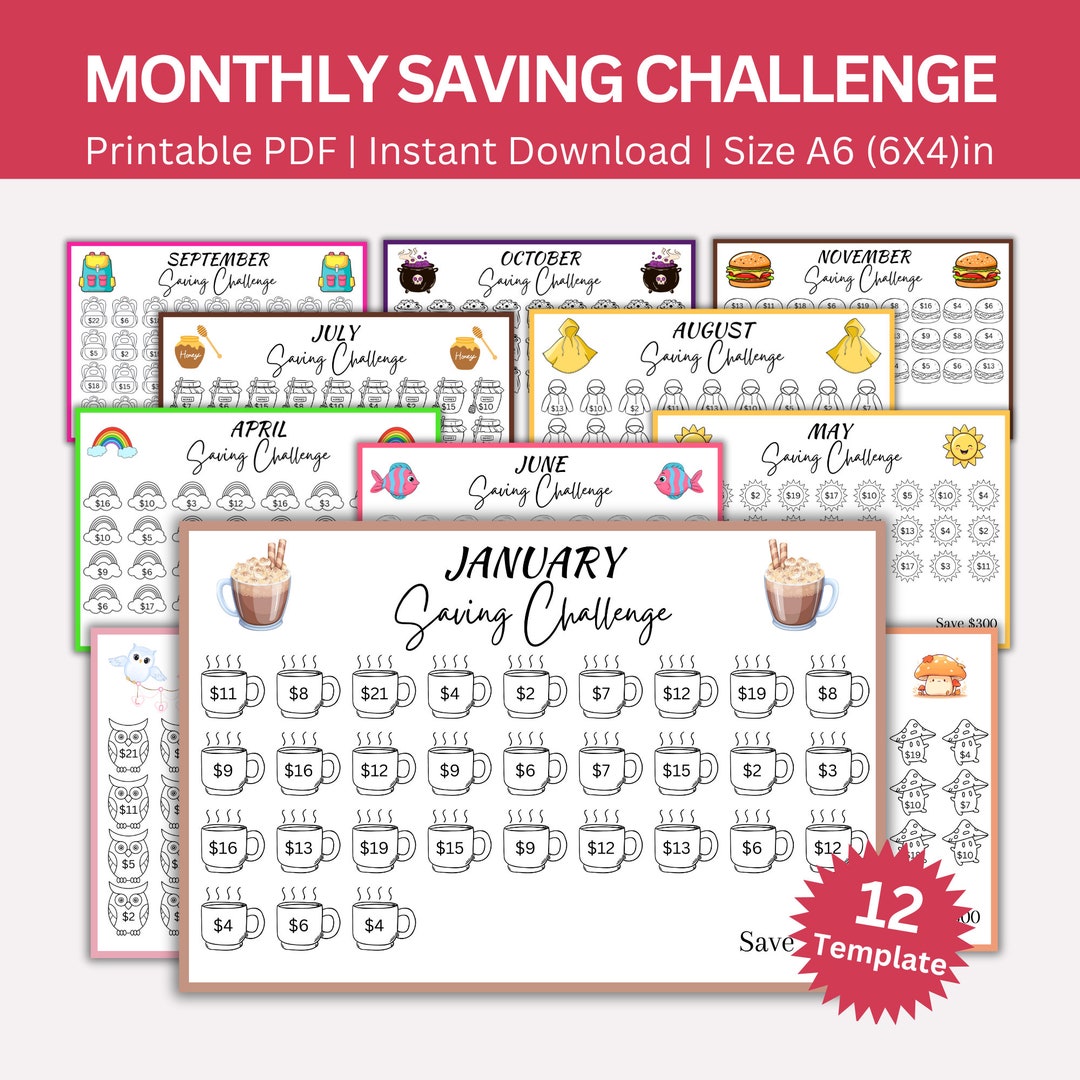 Monthly Savings Challenge, 12 Month Saving Challenge Printable, Money ...