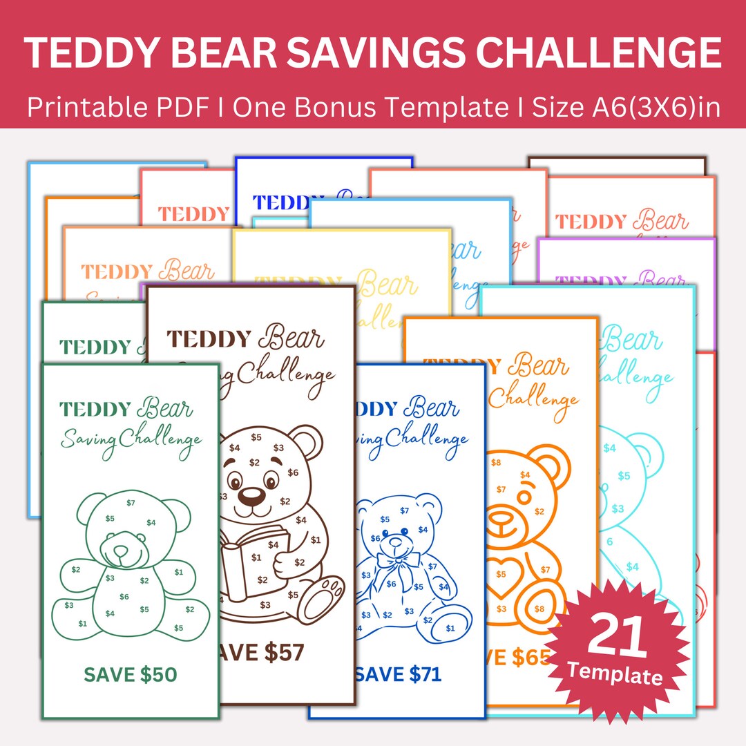 Teddy Bear Coloring Savings Challenge Printable Bundle, Mini A6 Teddy ...
