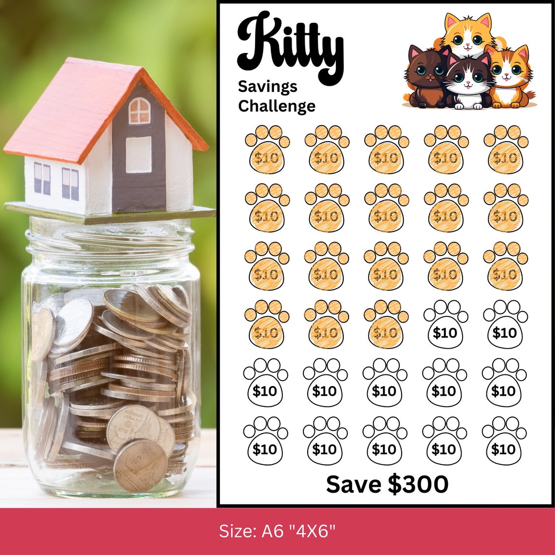 Kitty Cats Savings Challenge Printable, Mini Kitty A6 Size Saving ...