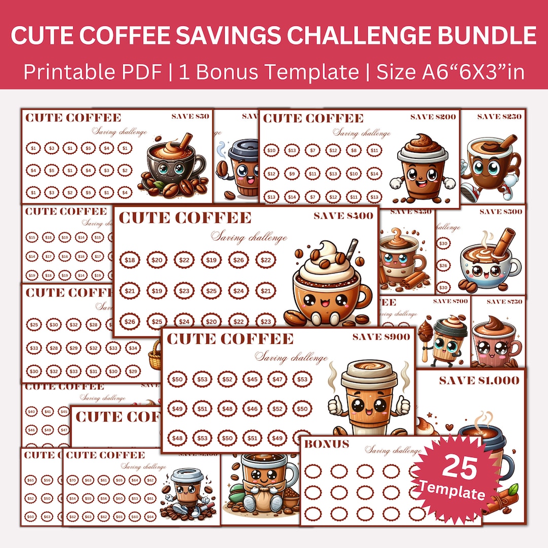 Cute Kawaii Coffee Savings Challenge Printable Bundle, Mini A6 Coffee ...
