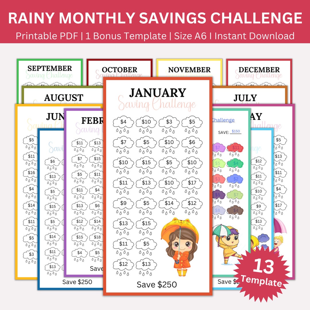 A6 Monthly Coloring Rainy Day Savings Challenge Printable, 12-month ...
