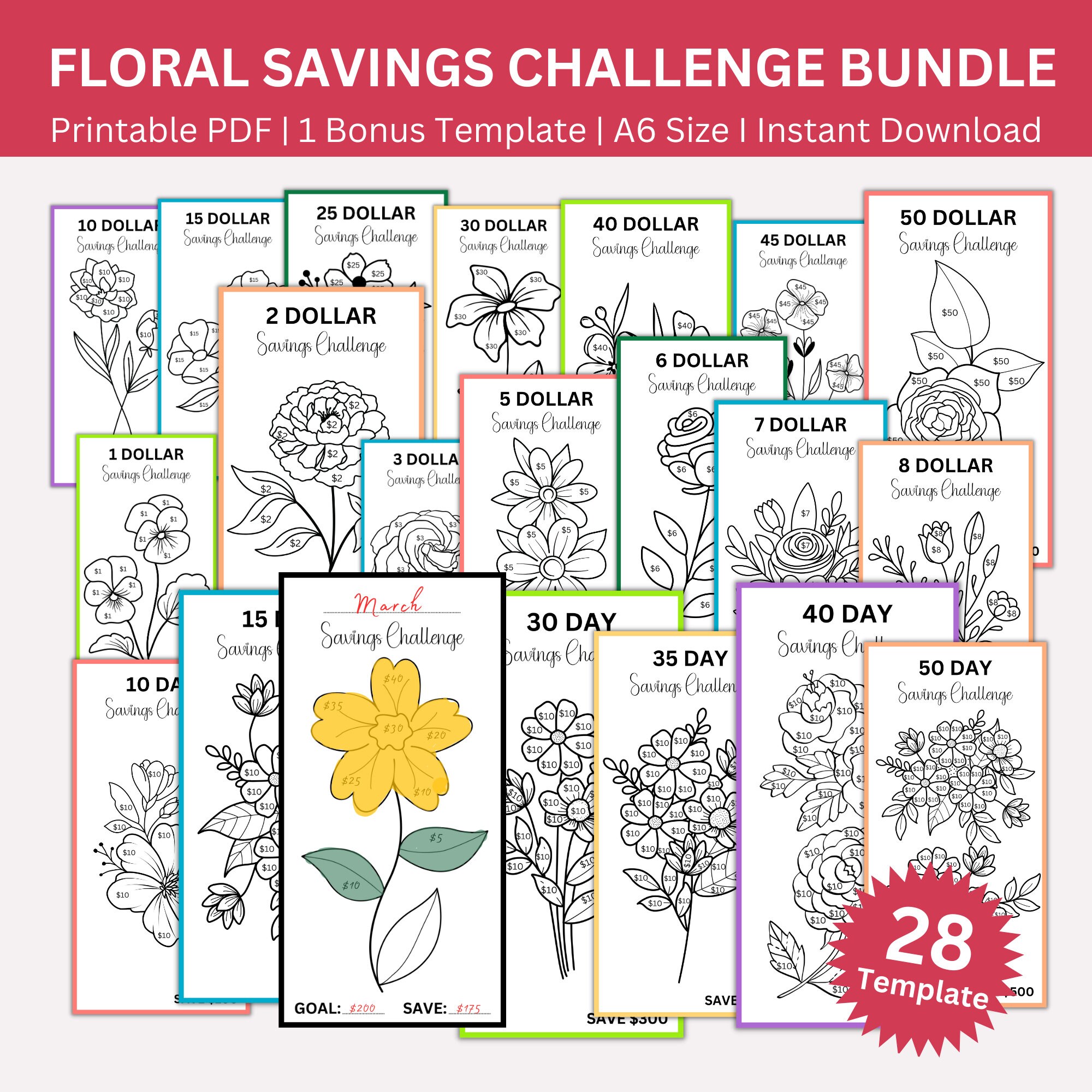 Floral Coloring Savings Challenge Printable Bundle, Flower Saving ...