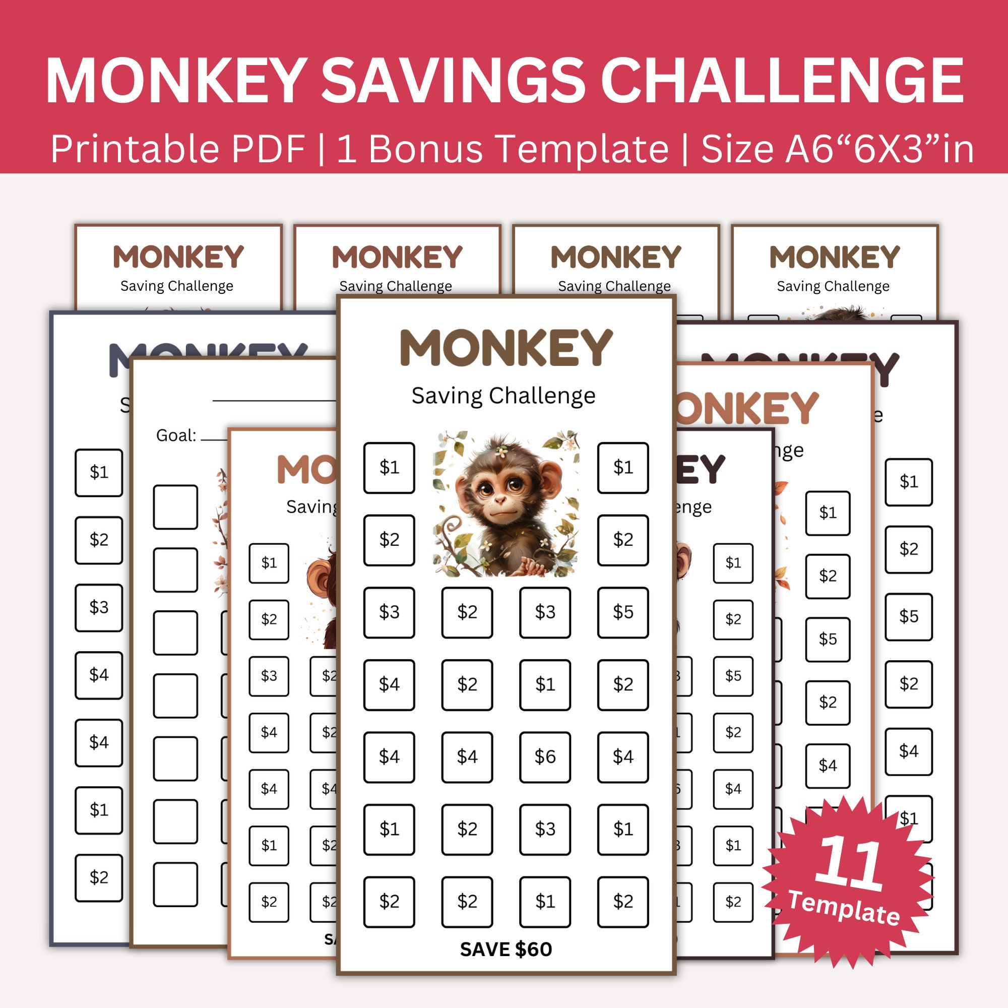 Mini Monkey Saving Challenge Printable, Mini A6 Monkey Animal Savings ...