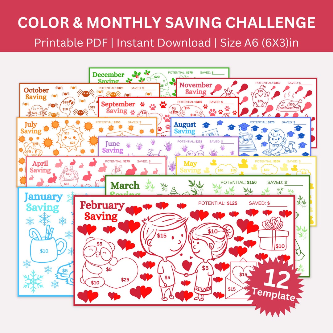 Monthly Savings Challenge Printable, 12 Month Color Saving Challenge ...