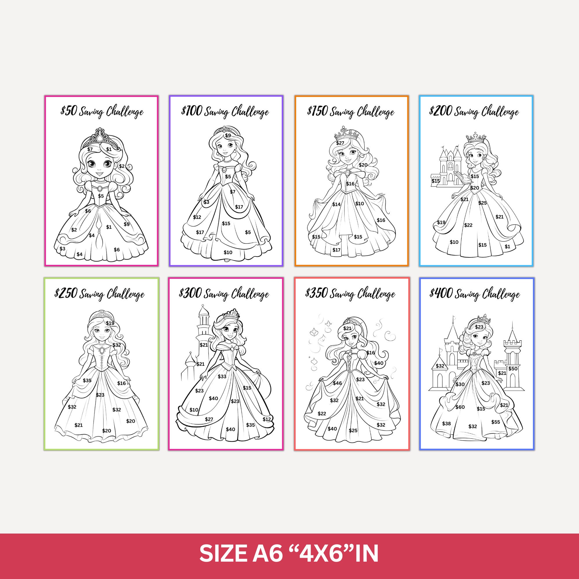 Princess Coloring Savings Challenge Printable, Princess Saving ...