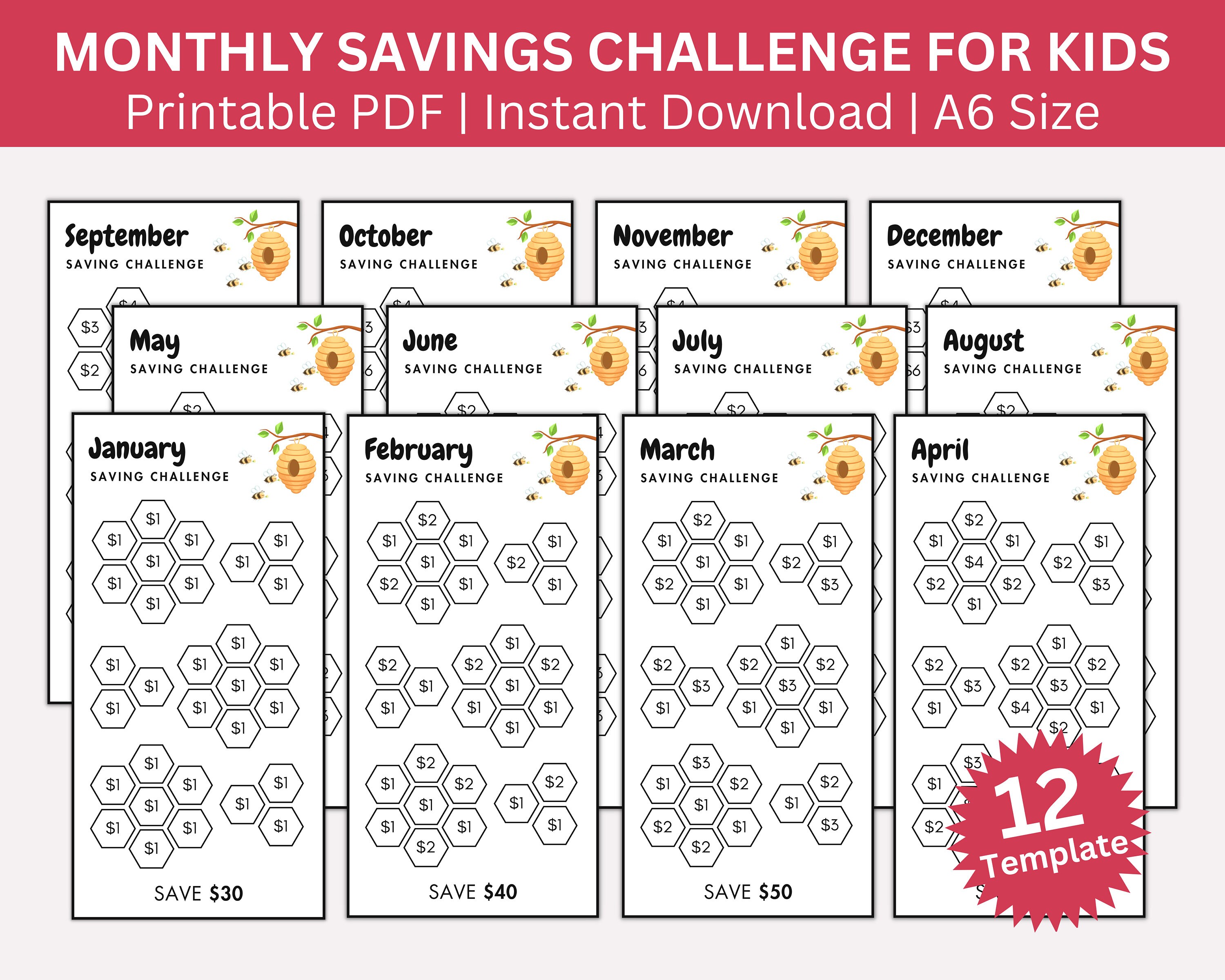 Monthly Kids Savings Challenge Printable A6 Kid Mini Saving - Etsy