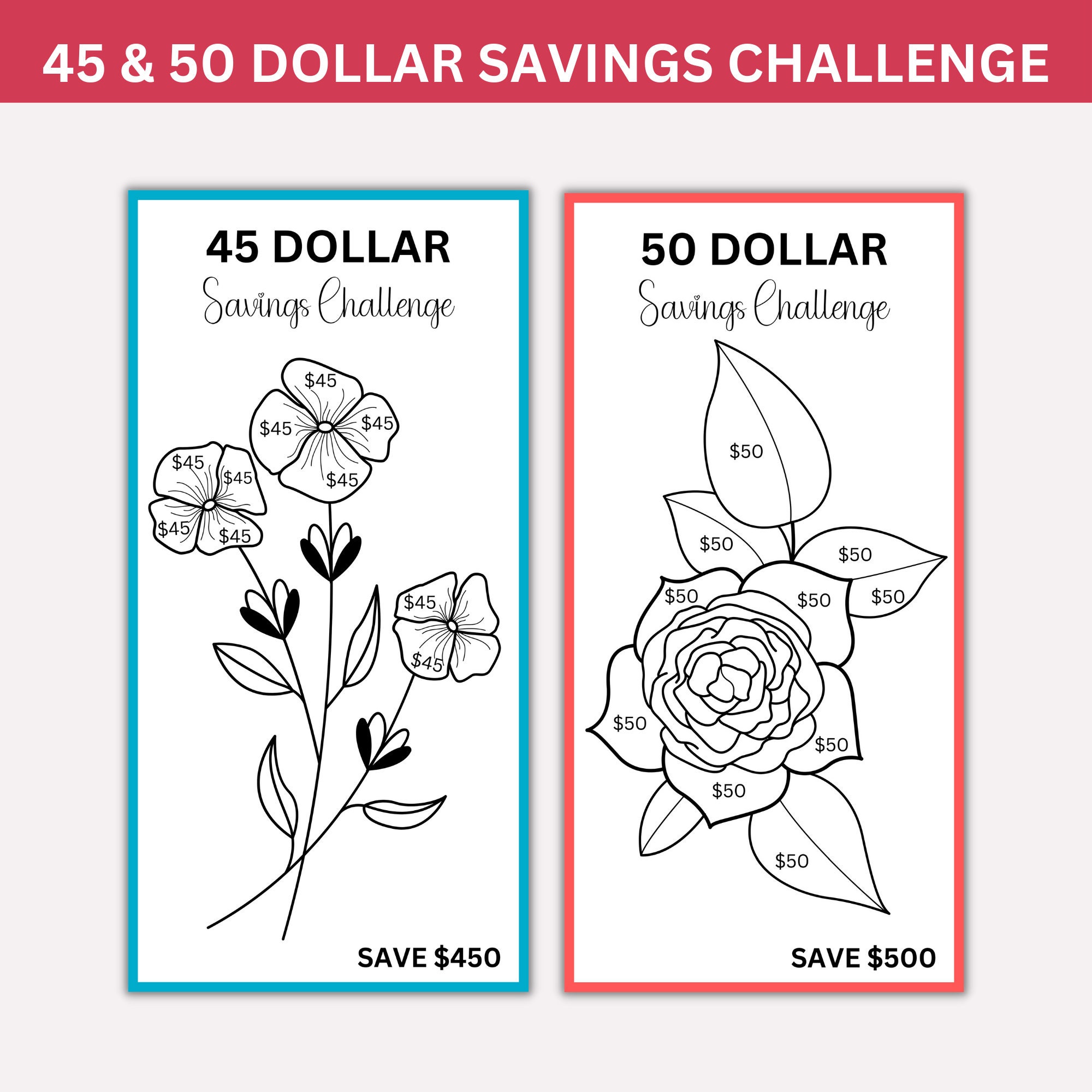 Floral Coloring Savings Challenge Printable Bundle, Flower Saving ...