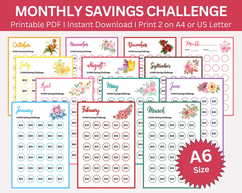 Monthly Savings Challenge Printable, 12 Month Color Saving Tracker ...