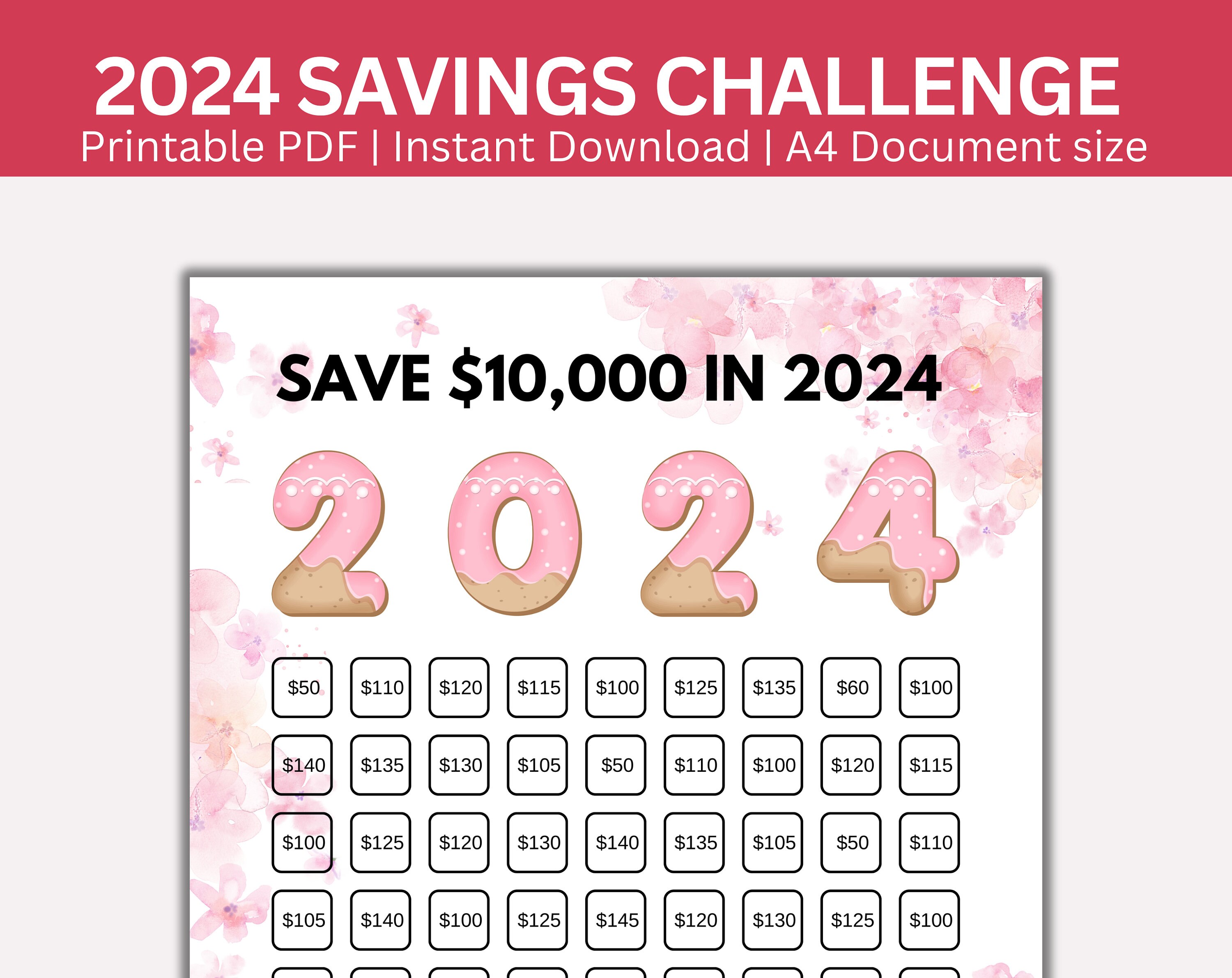 2024 Saving Challenge Printable, Save 10000 in 2024, 2024 Money Saving ...