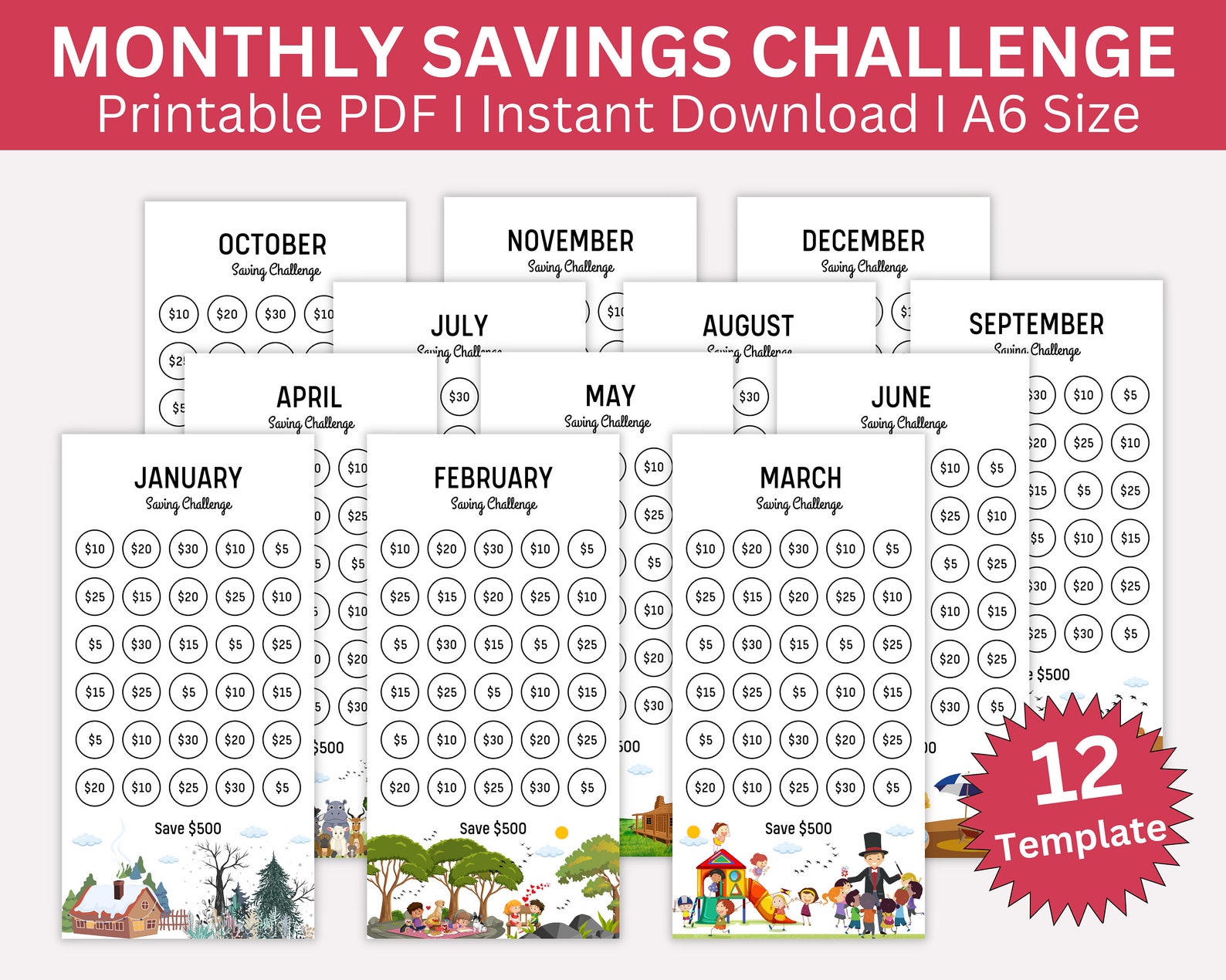Monthly Savings Challenge Printable Bundle, 12 Month Savings Challenge ...
