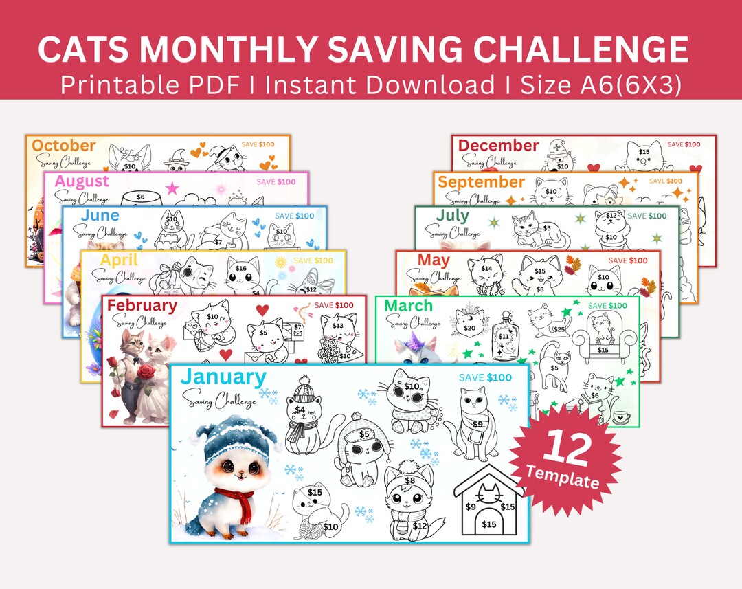 Cats Savings Challenge Printable, Monthly Mini Cats A6 Size Saving ...