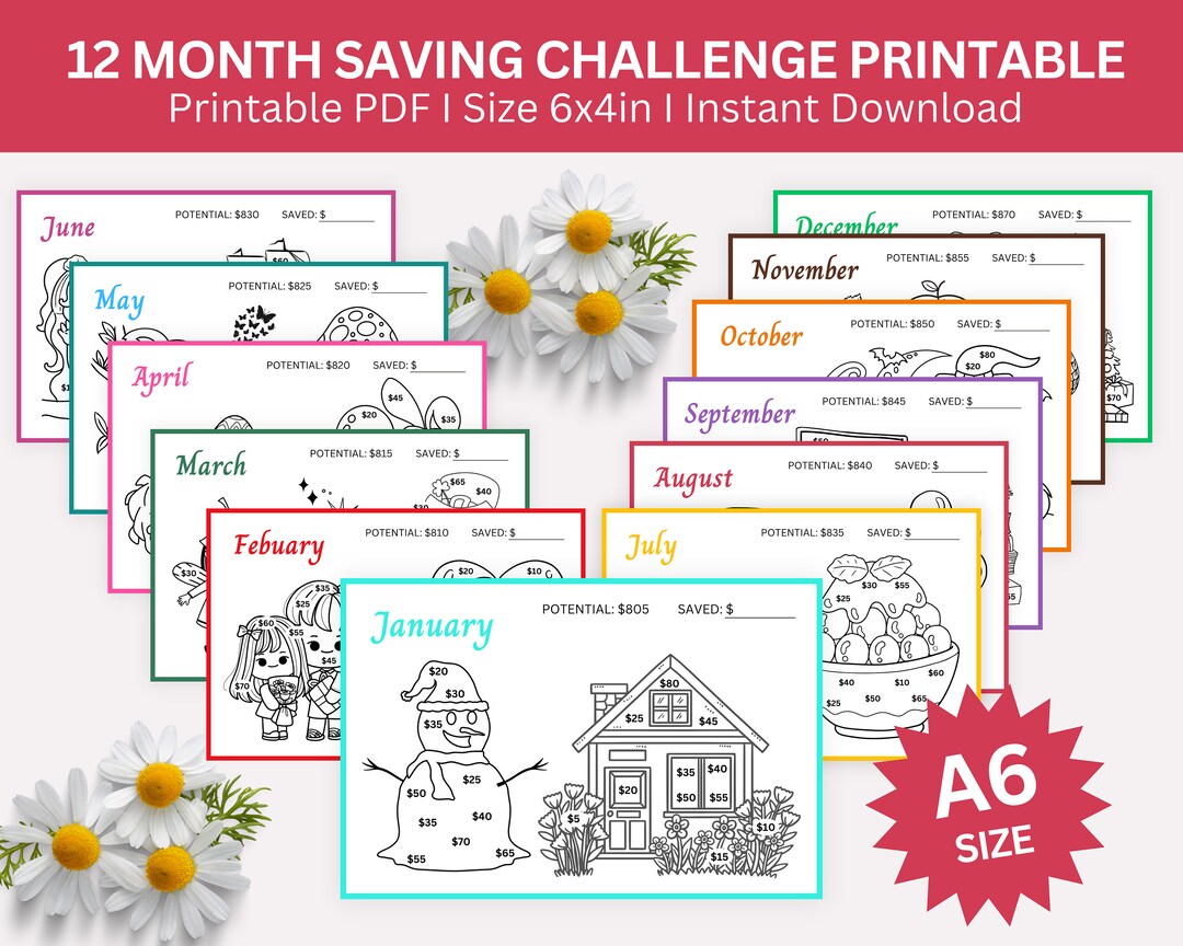 12-month Color Save A6 Saving Challenge Printable Bundle, A6 Binders ...