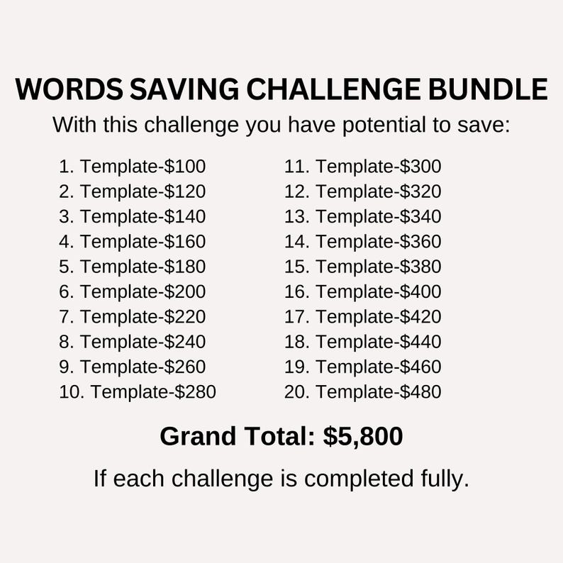 Words Savings Challenge Bundle, Printable Money Challenge A6, Cash ...
