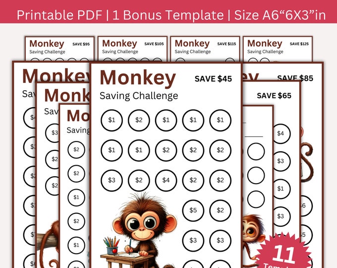 Monkey Saving Challenge Printable, Mini A6 Monkey Animal Savings ...