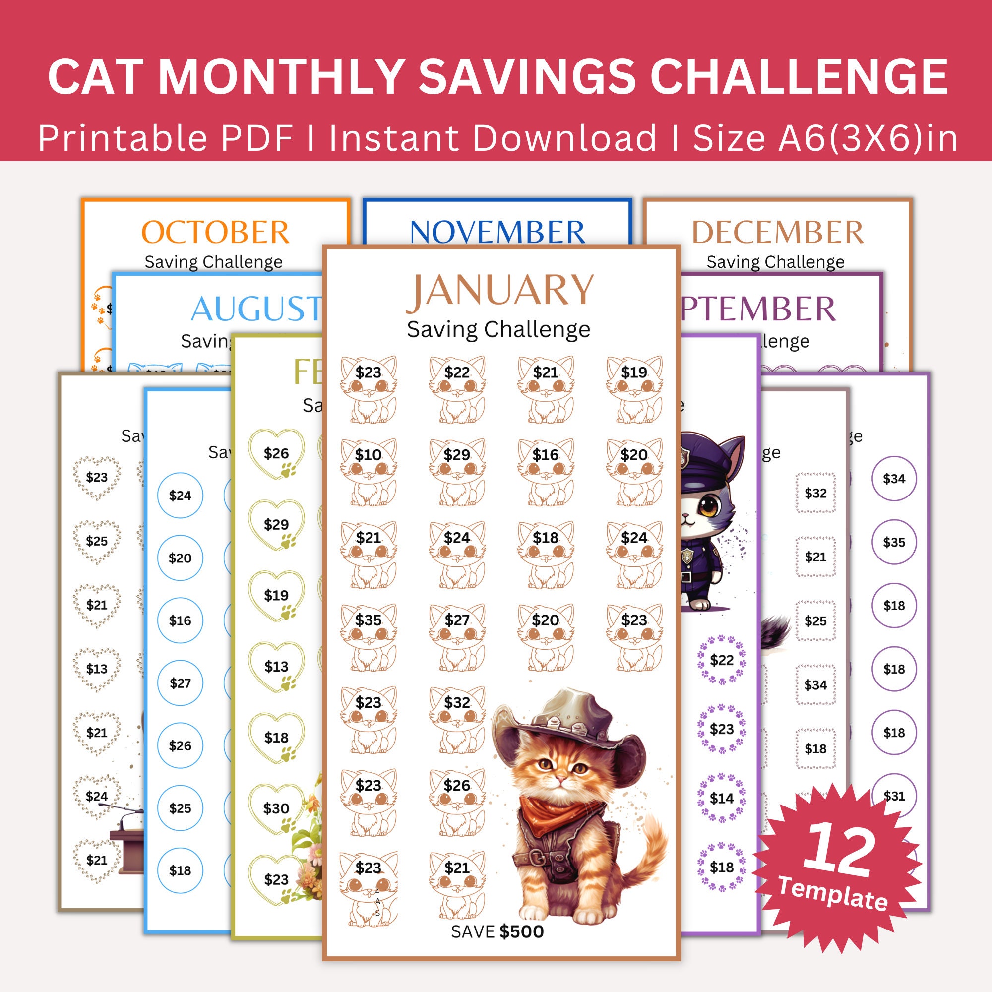 Cats Monthly Savings Challenge Printable, A6 Mini Cats Saving Challenge ...