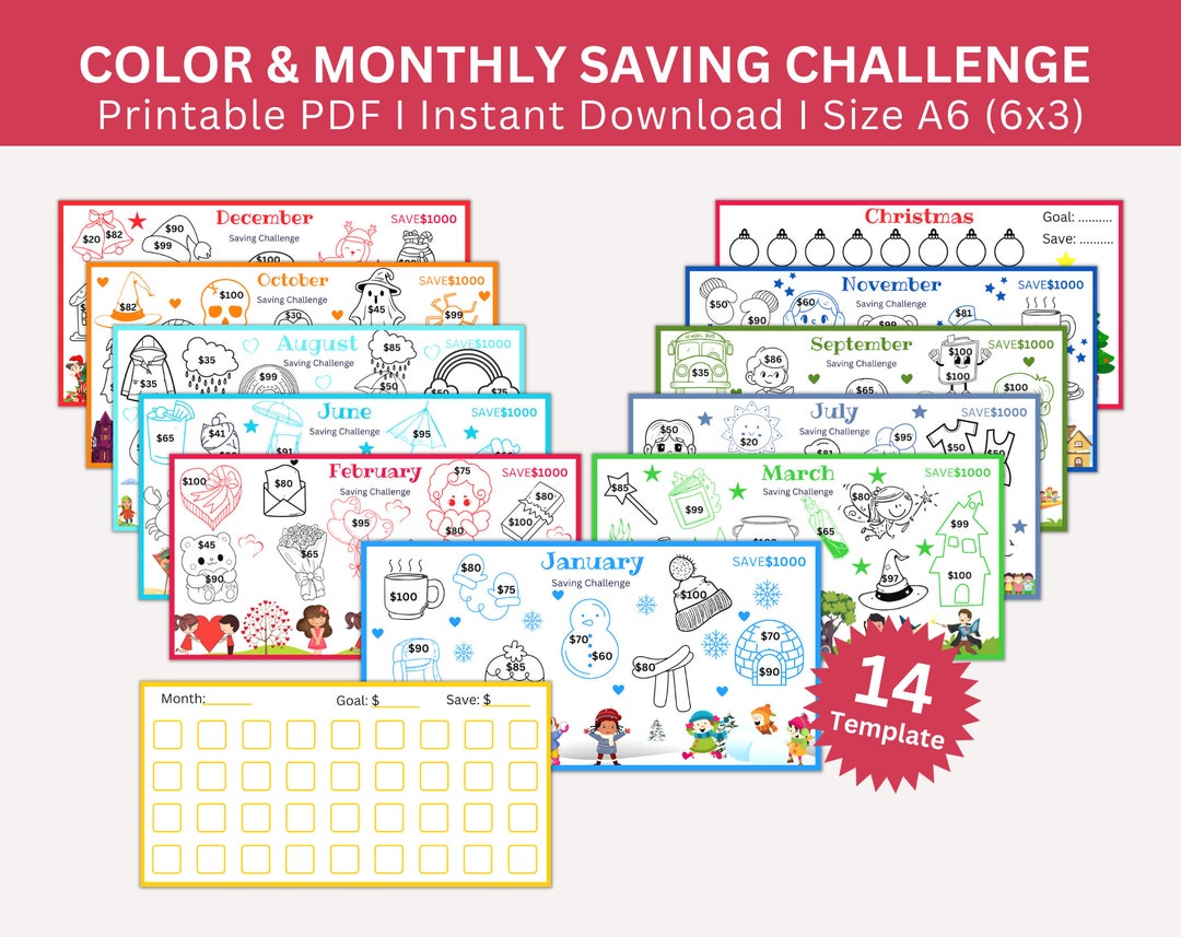 Monthly Savings Challenge, 12 Month Color Saving Tracker Printable ...