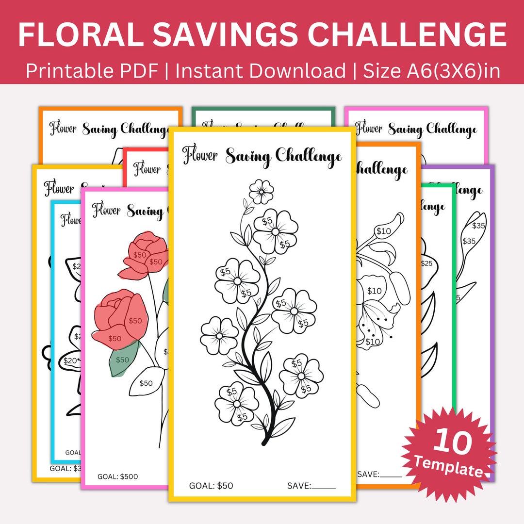 Floral Coloring Savings Challenge Printable Bundle, Flower A6 Saving ...