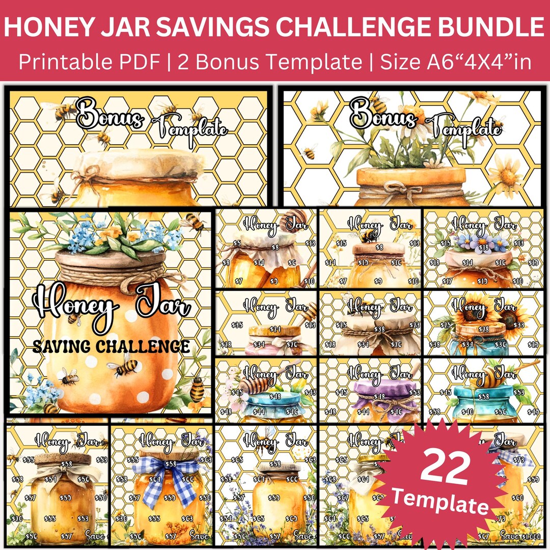 Honey Jar Bee Savings Challenge Printable Bundle, A6 Low Income Honey ...