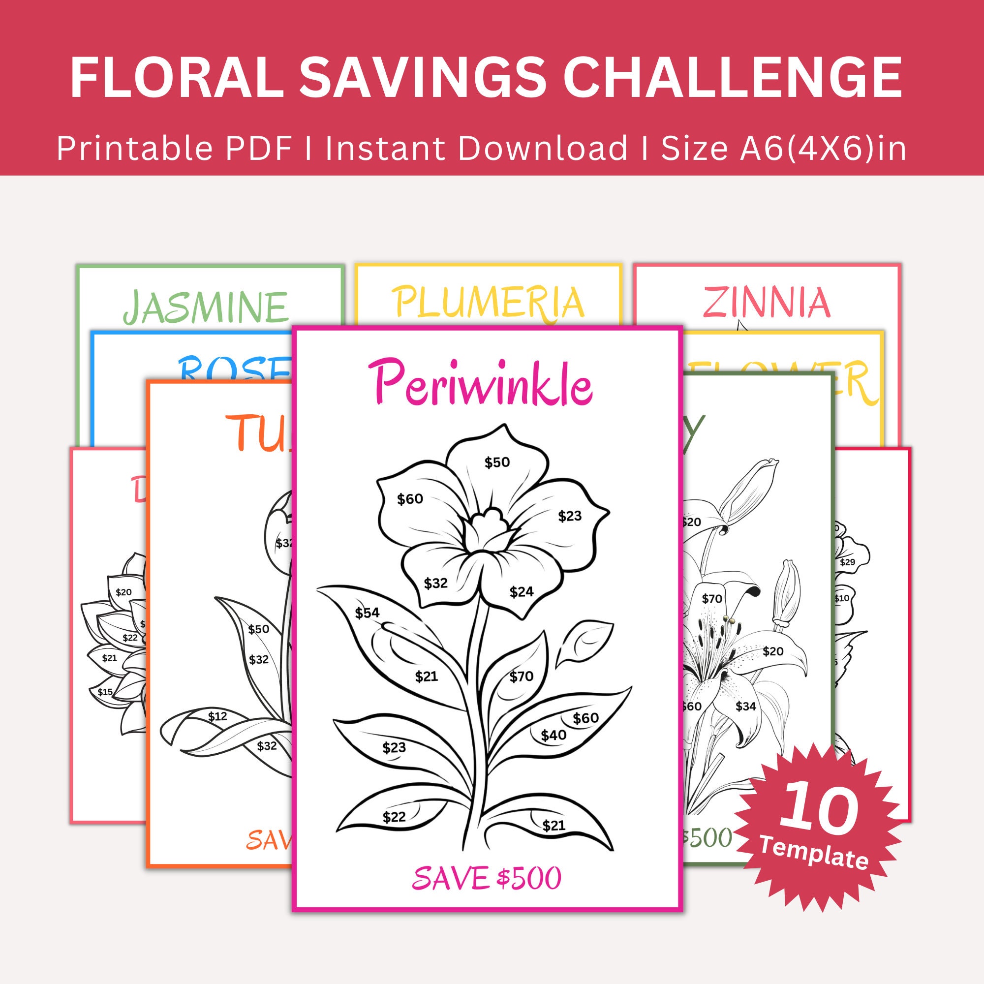 Floral Coloring Savings Challenge Printable, A6 Mini Flower Saving ...