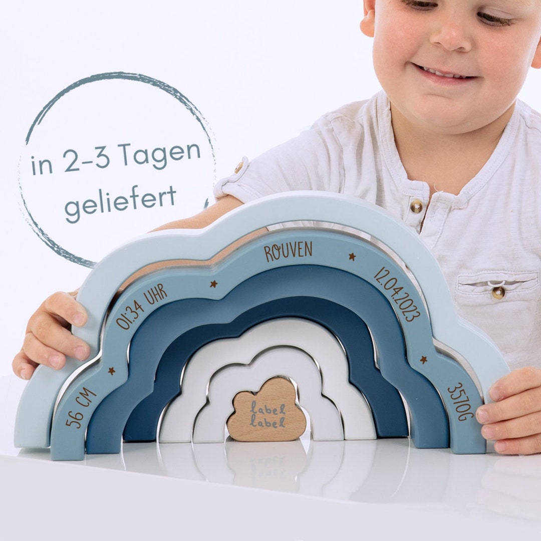 Stacking Rainbow Cloud Blue Made of Wood, Customizable, Gift for Birth ...